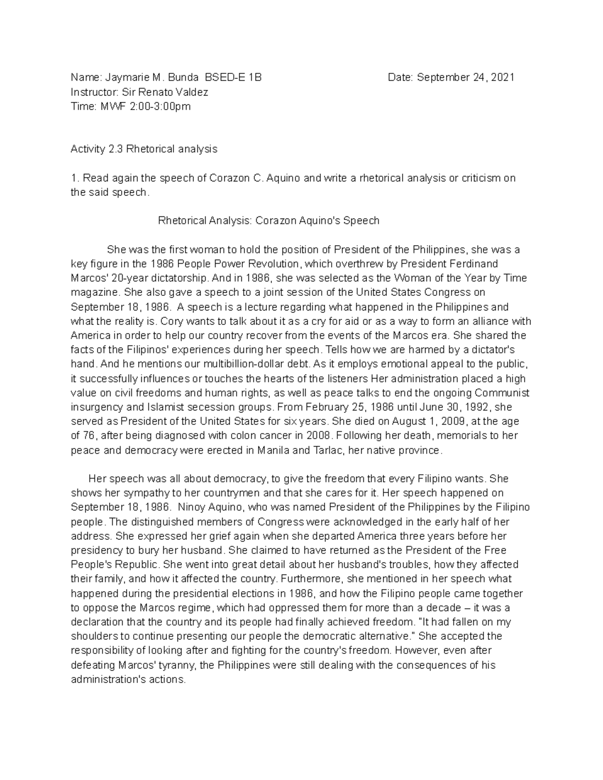 Activity 2.3 Rhetorical analysis - Name: Jaymarie M. Bunda BSED-E 1B ...