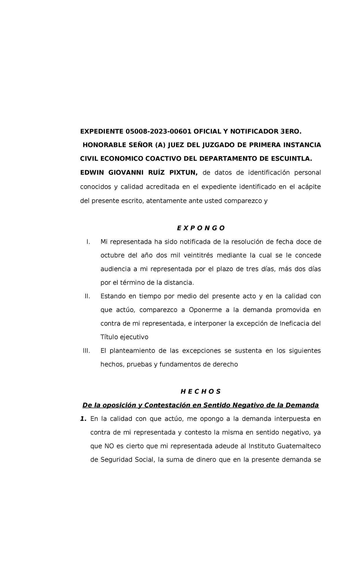 Oposición y excepción Incubadora Regional, S.A.- CASO IGSS - EXPEDIENTE ...