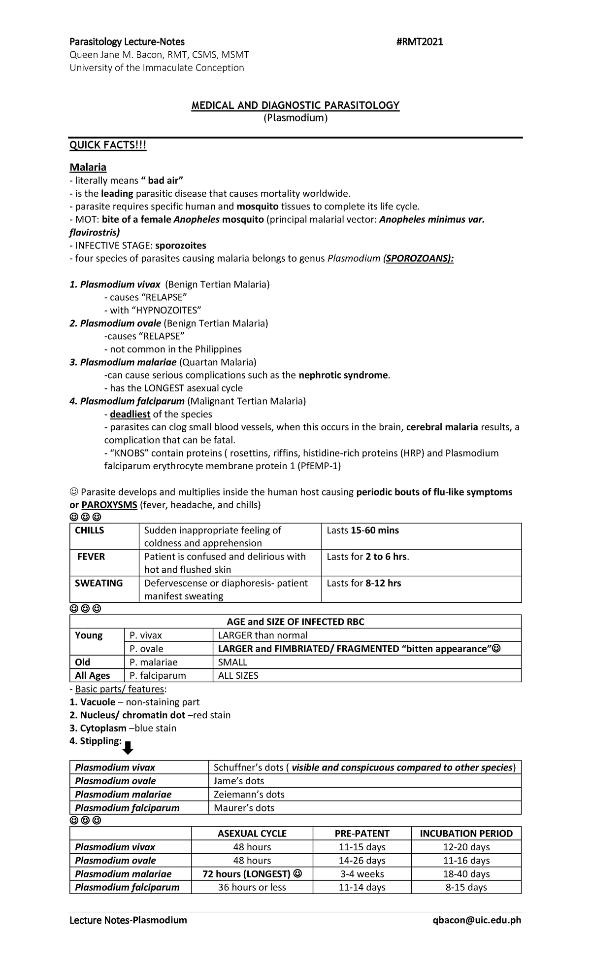 Plasmodium - Parasitology Lecture-Notes #RMT Queen Jane M. Bacon, RMT ...