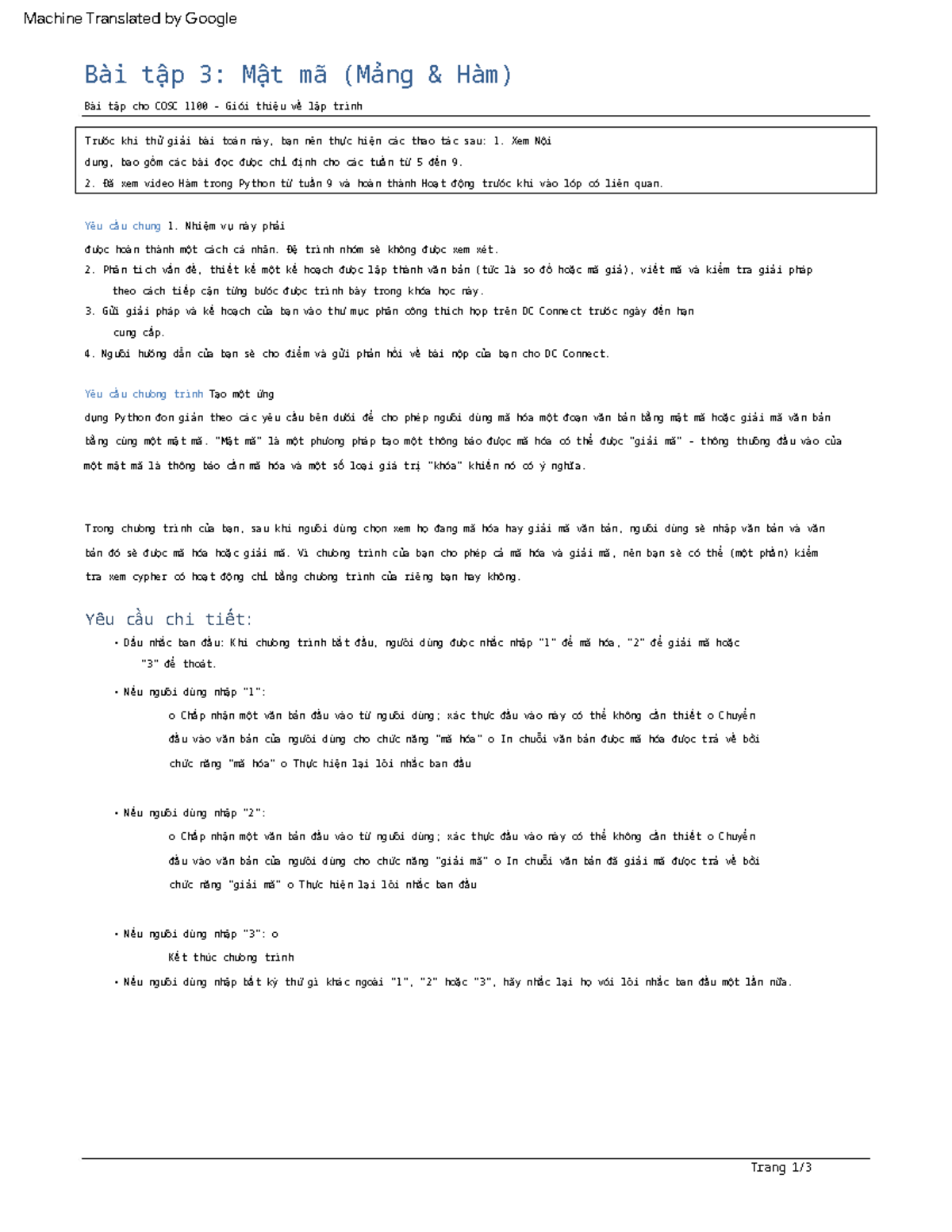 COSC1100.Assignment 3.Secret Codes-Substitution - Bài tập 3: Mật mã (Mảng & Hàm) Yêu cầu chi ...