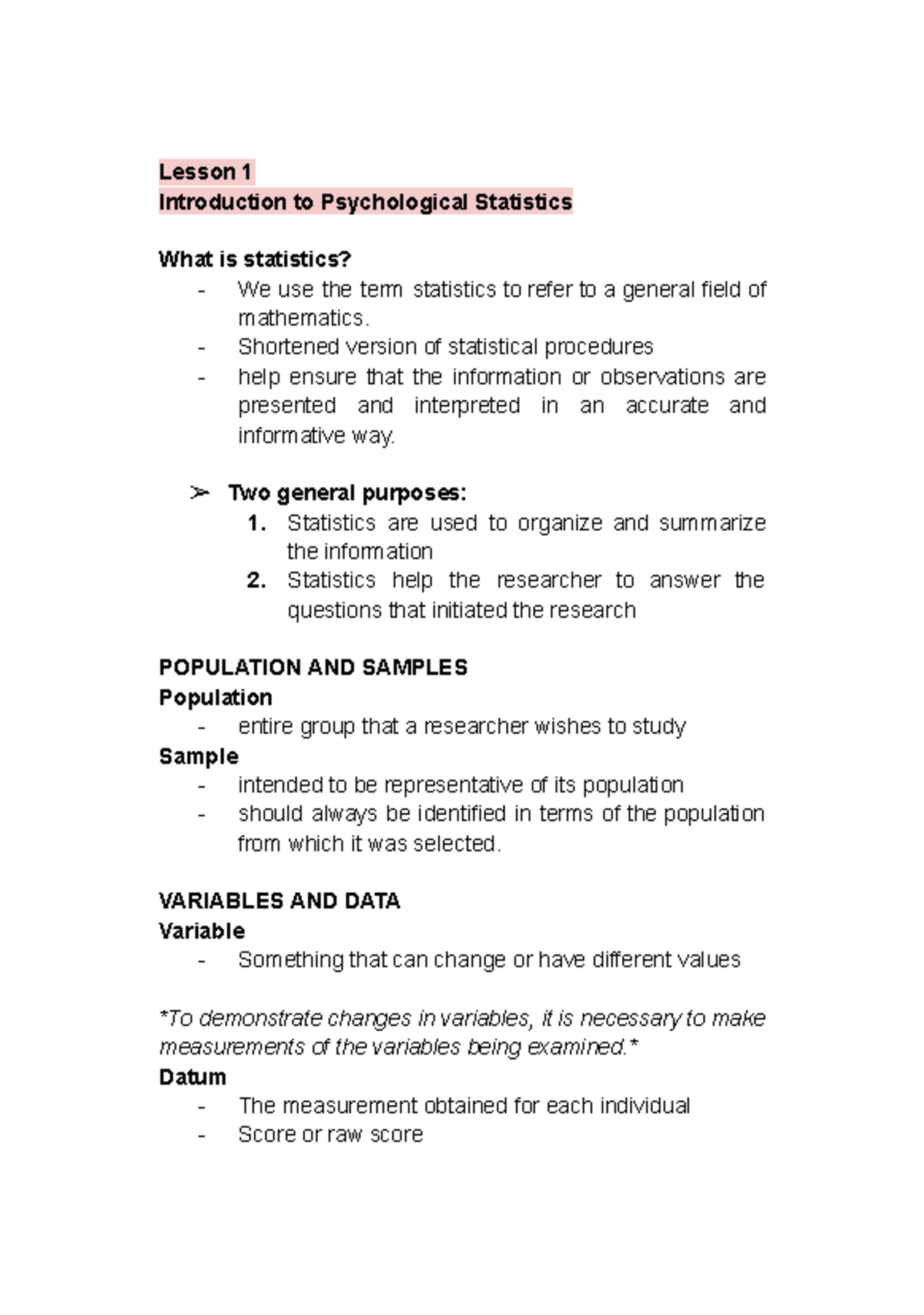 Stats - Lesson 1 Introduction to Psychological Statistics What is statistics? We use the term ...