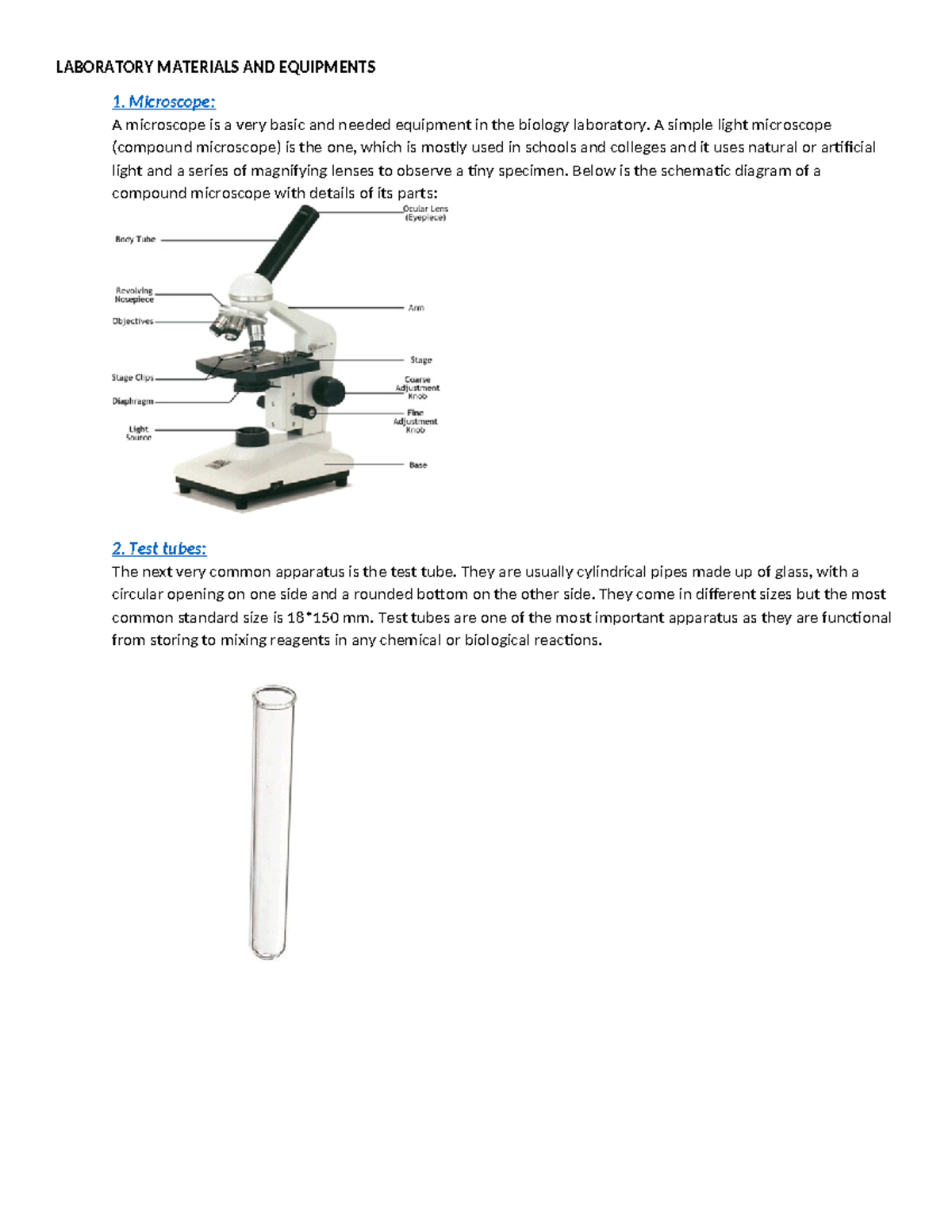 Laboratory Materials AND Equipments - LABORATORY MATERIALS AND ...