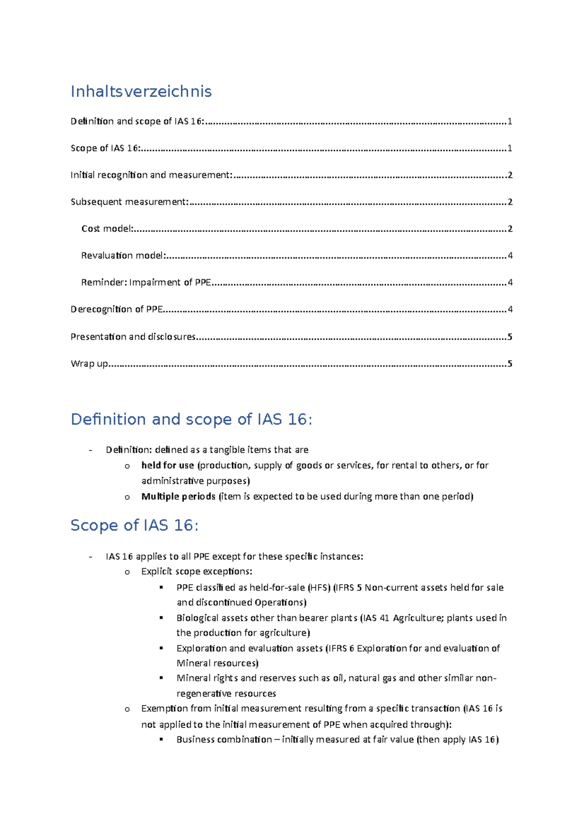 IAS 16 PPE - Summary IAS 16 - Inhaltsverzeichnis Definition and scope of IAS - Studeersnel
