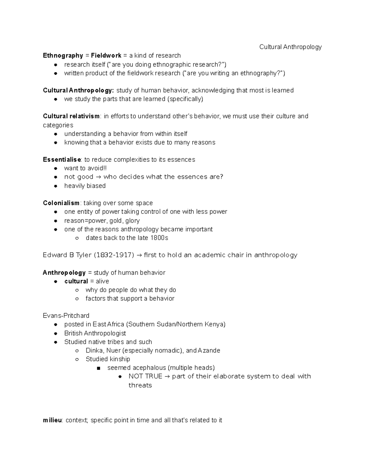 Cultural Anthropology Notes - Cultural Anthropology Ethnography ...