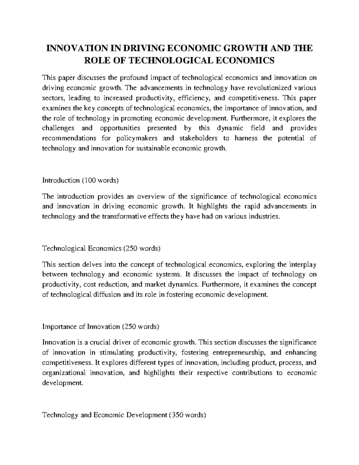 Innovation IN Driving Economic Growth AND THE ROLE OF Technological ...