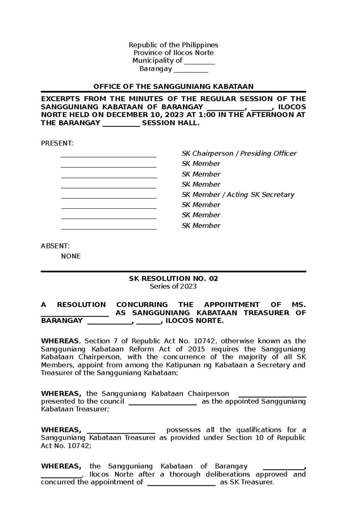 SK SEC Resolution - Republic of the Philippines Province of Ilocos ...