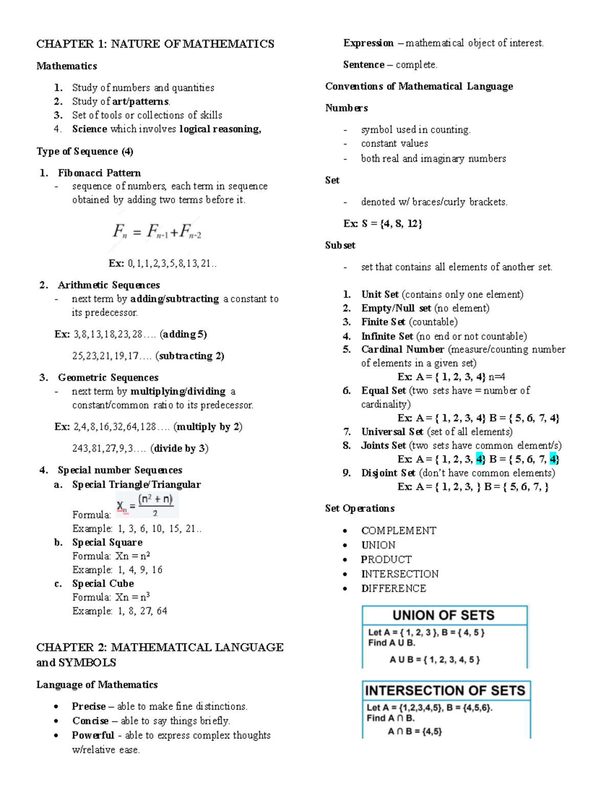 MMW Notes - CHAPTER 1: NATURE OF MATHEMATICS Mathematics 1. Study of ...