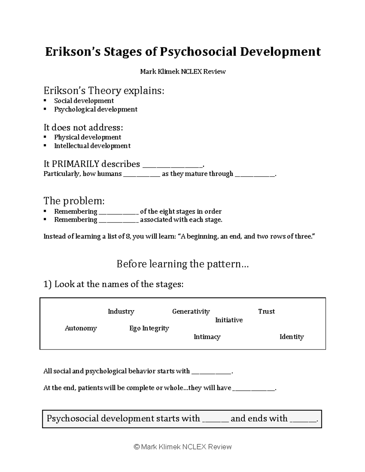 Erikson's Stage of Psychosocial Development - Student Outline - © Mark ...