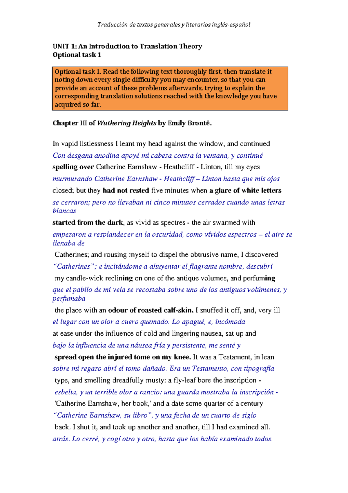 Optional Activity 1 Traduccion Literaria - UNIT 1: An Introduction to ...