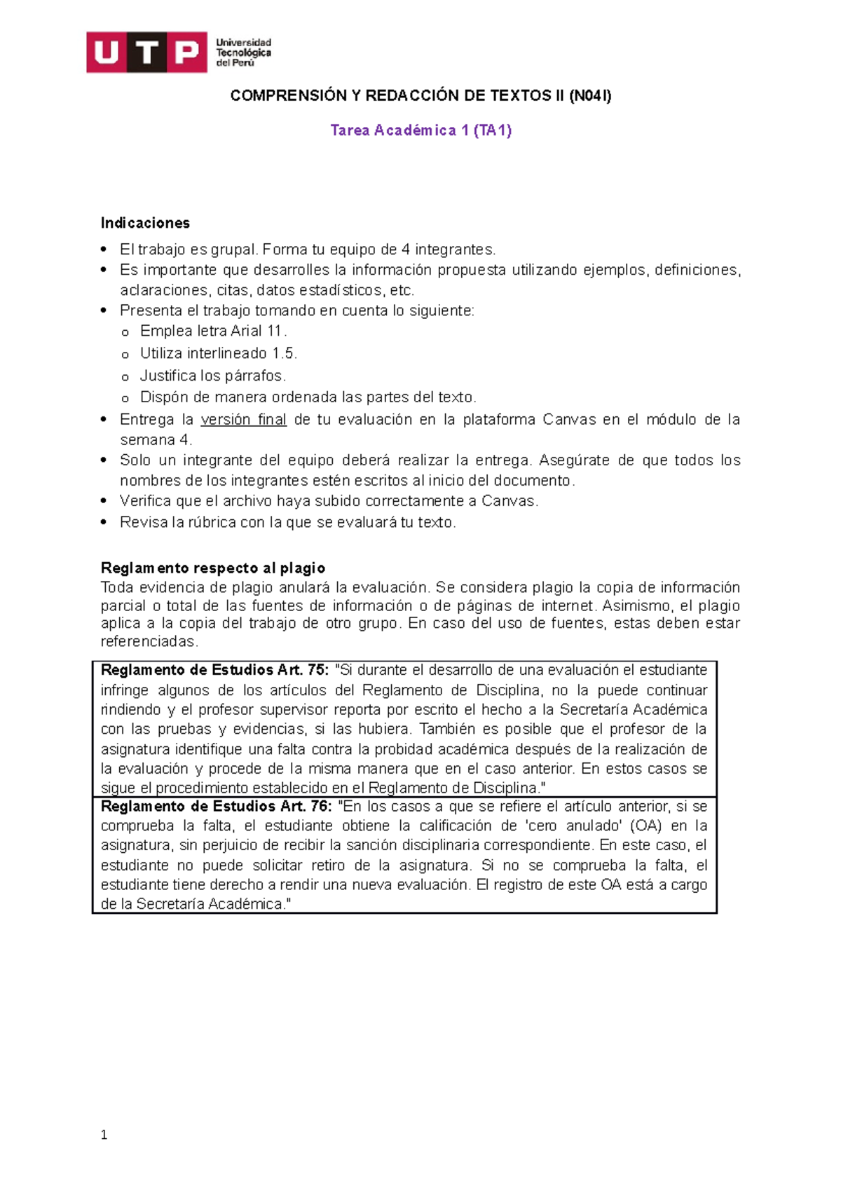 Tarea Académica 1 REDACCION Y COMPRENCION ...... - COMPRENSIÓN Y REDACCIÓN DE TEXTOS II (N04I ...