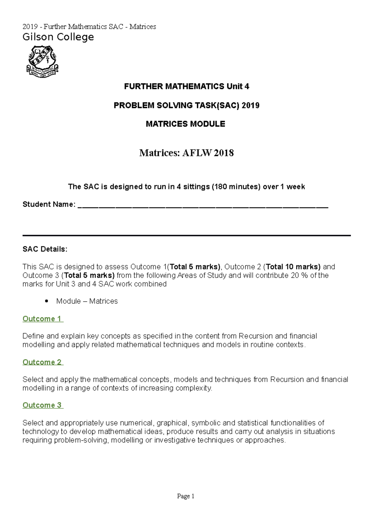 Matrices SAC. Questions - Gilson College FURTHER MATHEMATICS Unit 4 ...