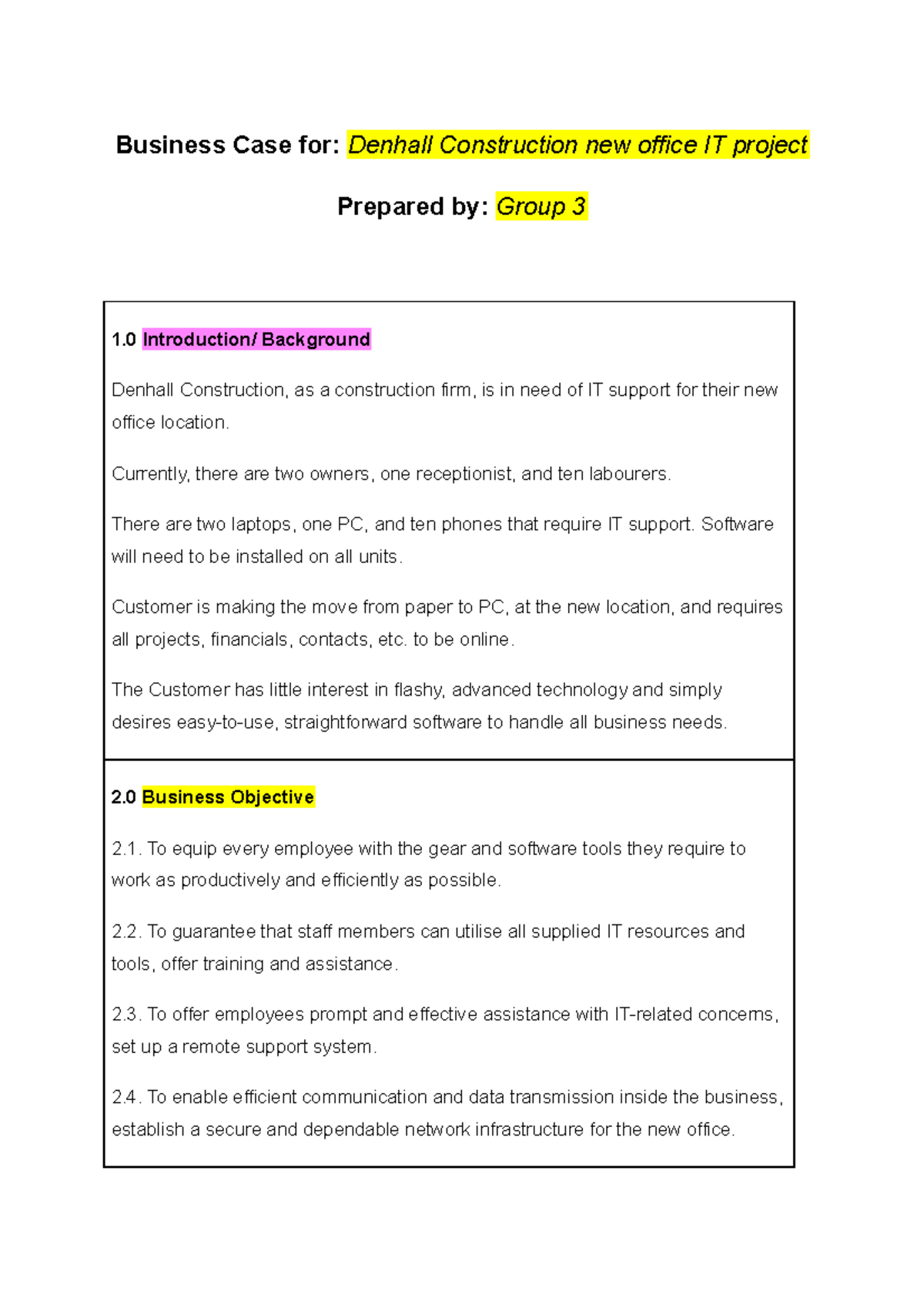 CNET 307 - Project Business Case - Business Case for: Denhall ...