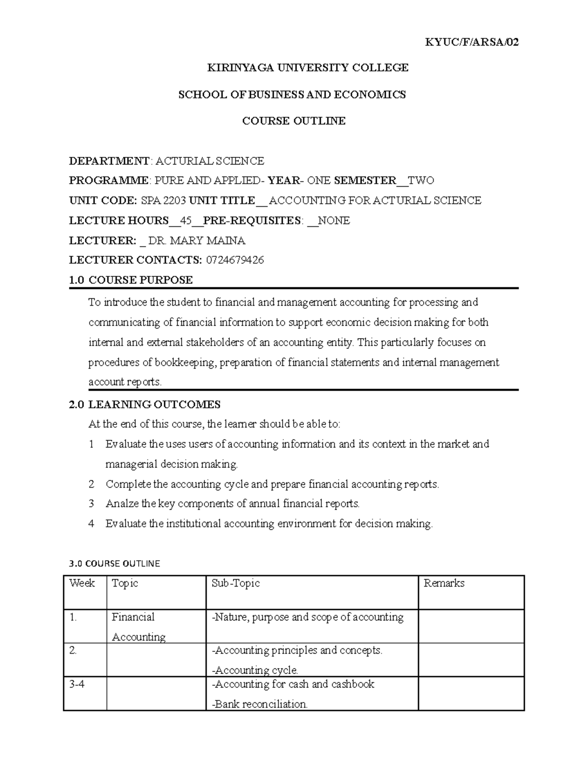 Course Outline- Accounting for Acturial - KYUC/F/ARSA/ KIRINYAGA ...
