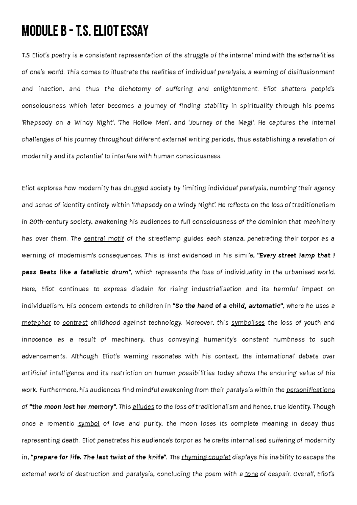 Module B - Essay - Google Docs - Module b - t. Eliot essay T Eliot's ...