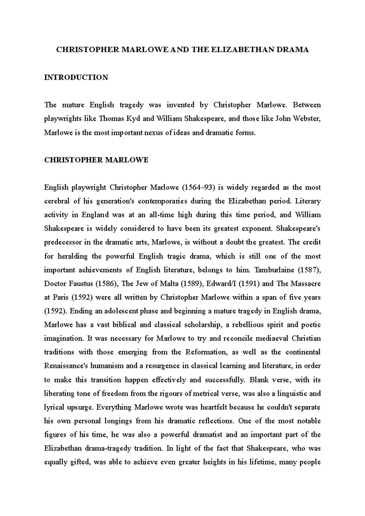 Christopher Marlowe AND THE Elizabethan Drama - English Literature ...
