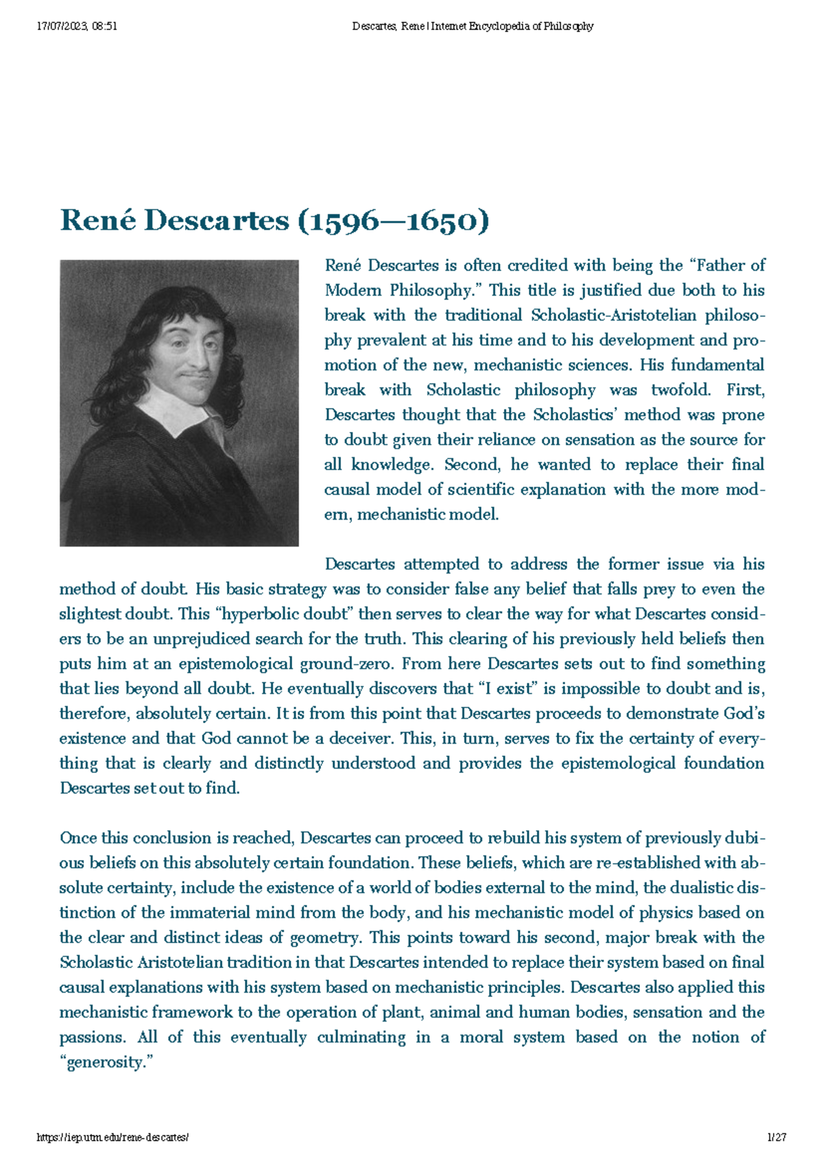 Descartes, Rene Internet Encyclopedia of Philosophy - René Descartes ...