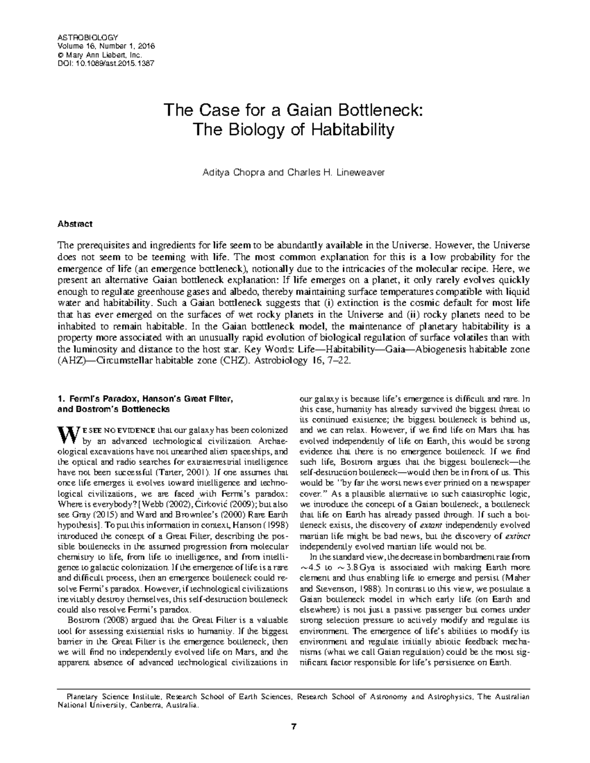 Chopra Lineweaver 2016 - The Case for a Gaian Bottleneck: The Biology ...