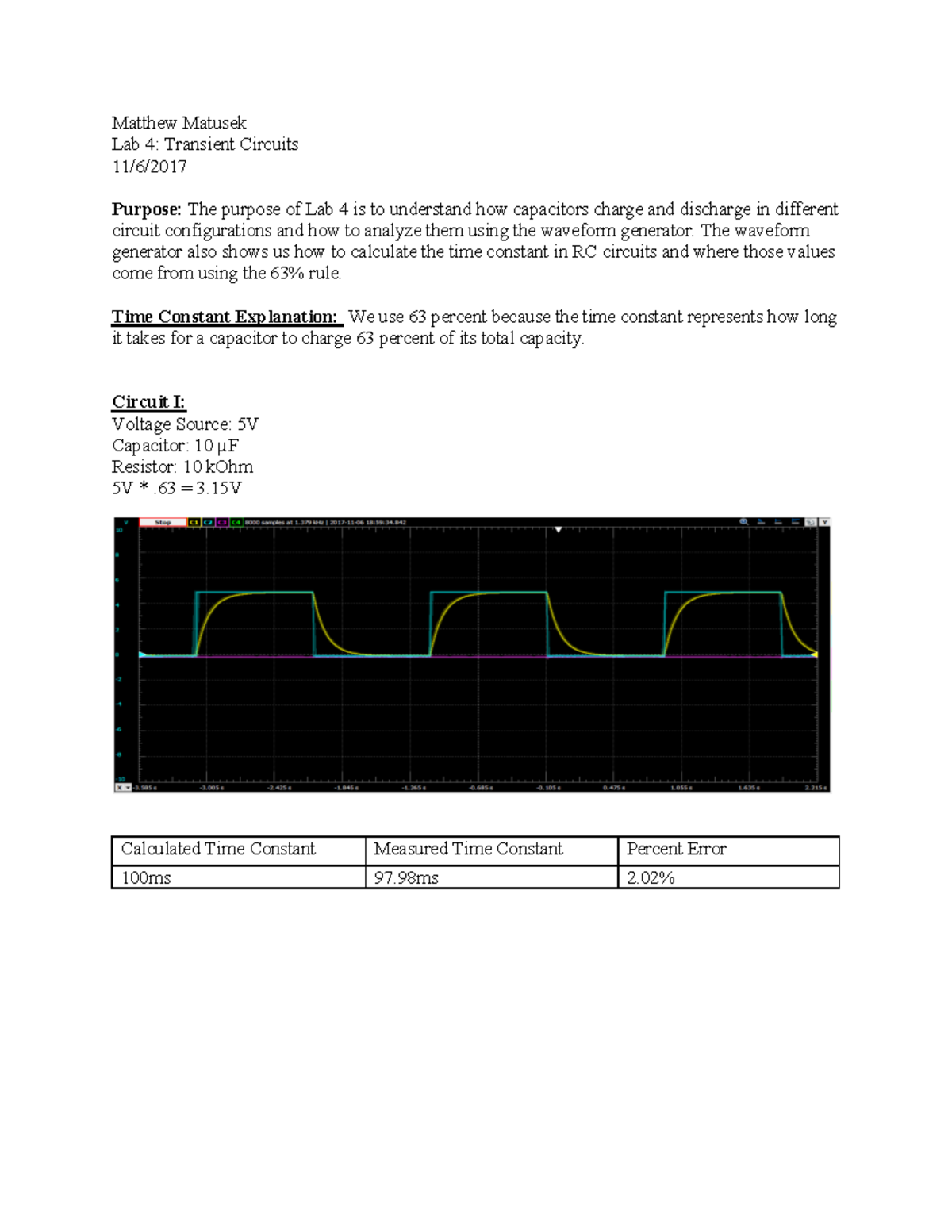 Eleg Lab 4 - Circuits Lab - Matthew Matusek Lab 4: Transient Circuits ...