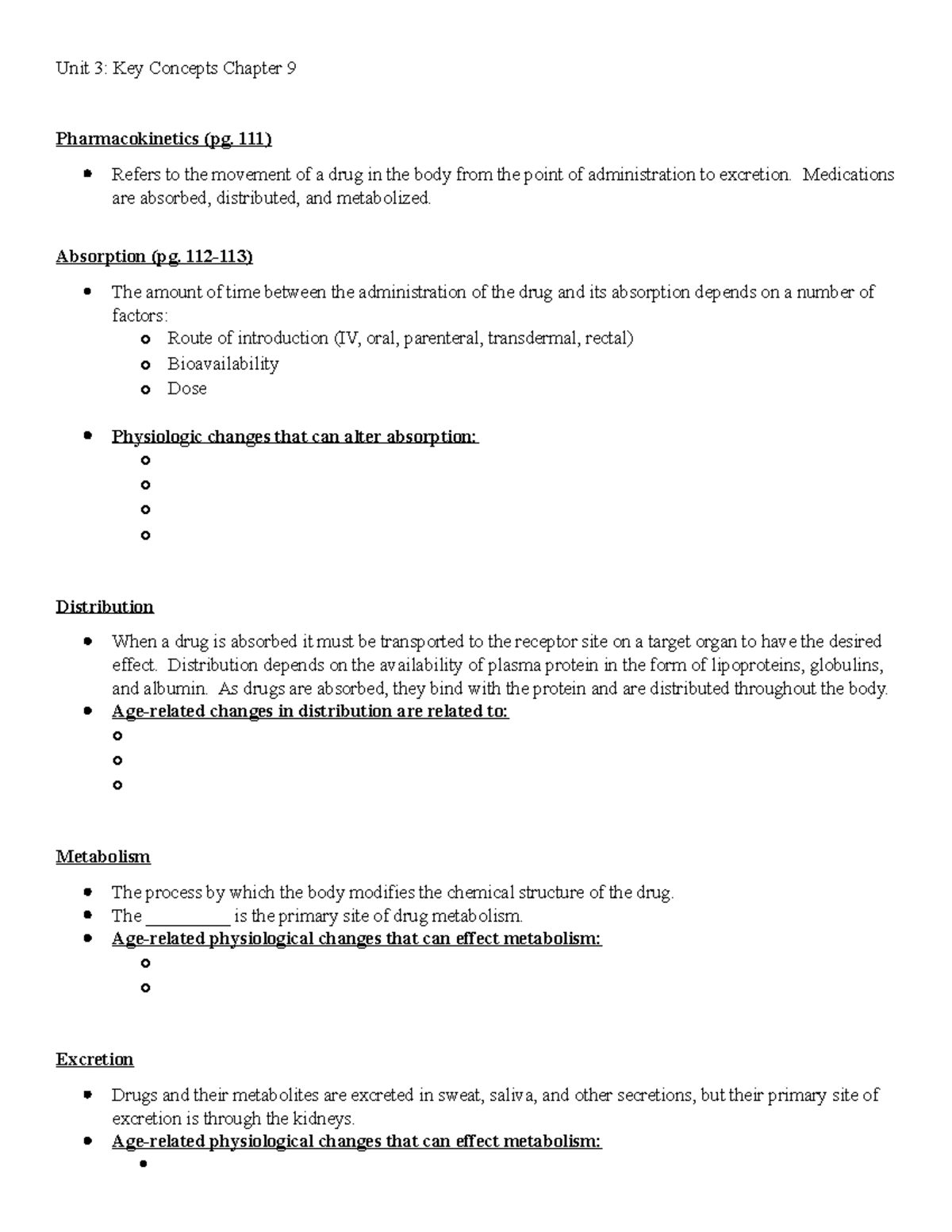 Unit 3 Key Concepts Chapter 9 - Unit 3: Key Concepts Chapter 9 Pharmacokinetics (pg. 111) Refers ...
