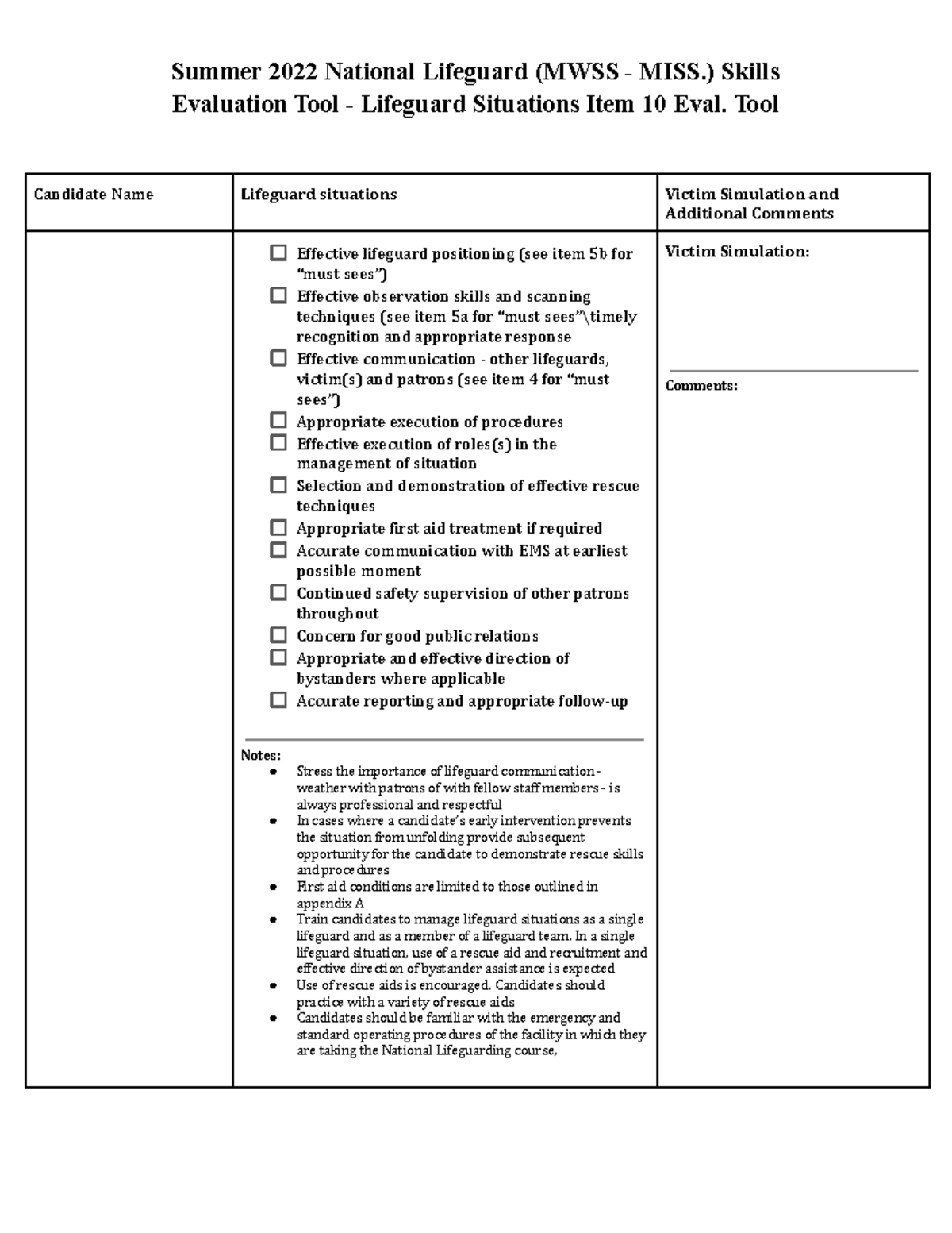NLS Instructor Resource - Lifeguard Situations Item 10 Eval. Tool ...