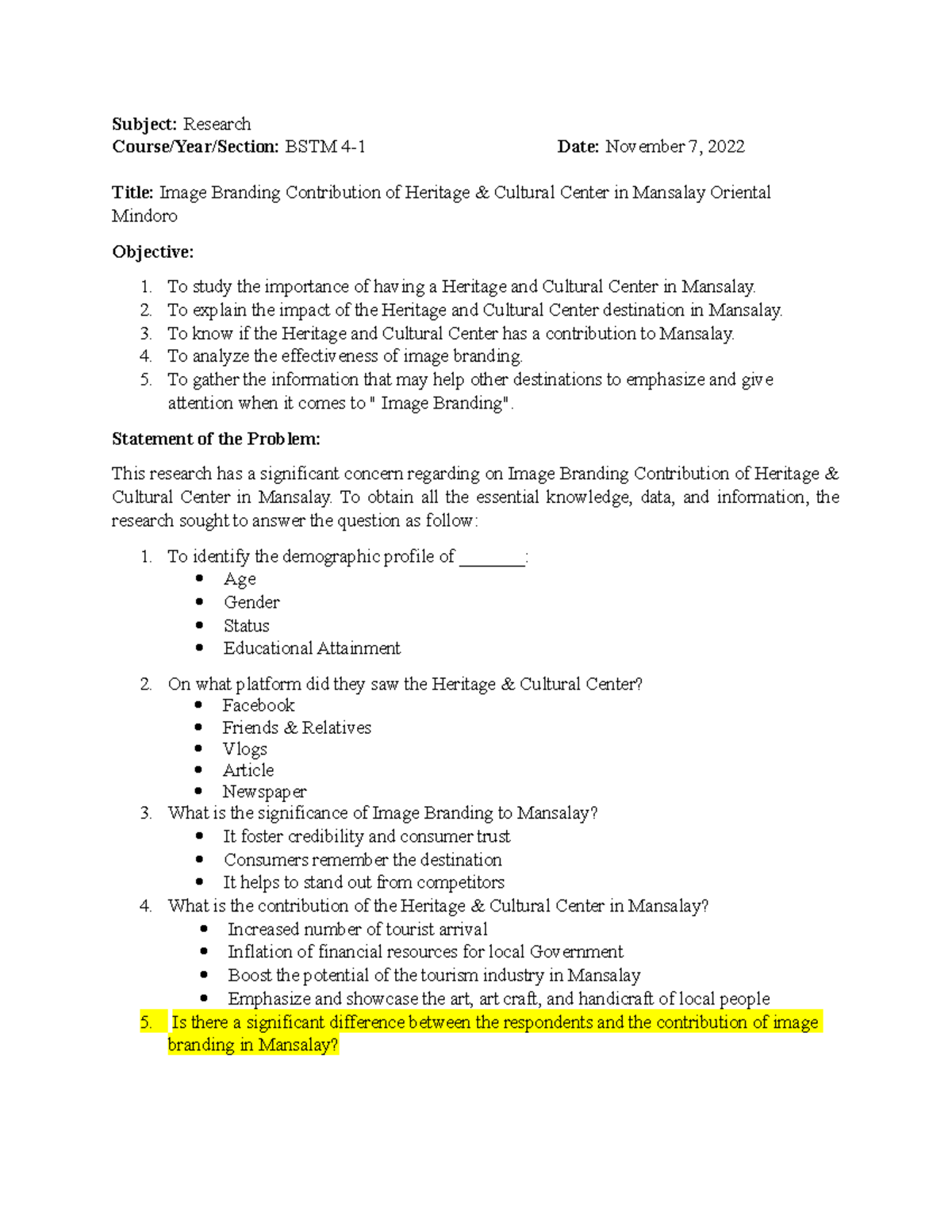 Heritage-Reviewed - Title - Subject: Research Course/Year/Section: BSTM ...