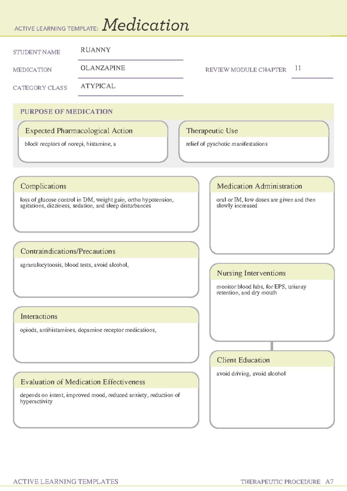 Medication form - STUDENT NAME RUANNY MEDICATION OLANZAPINE REVIEW ...