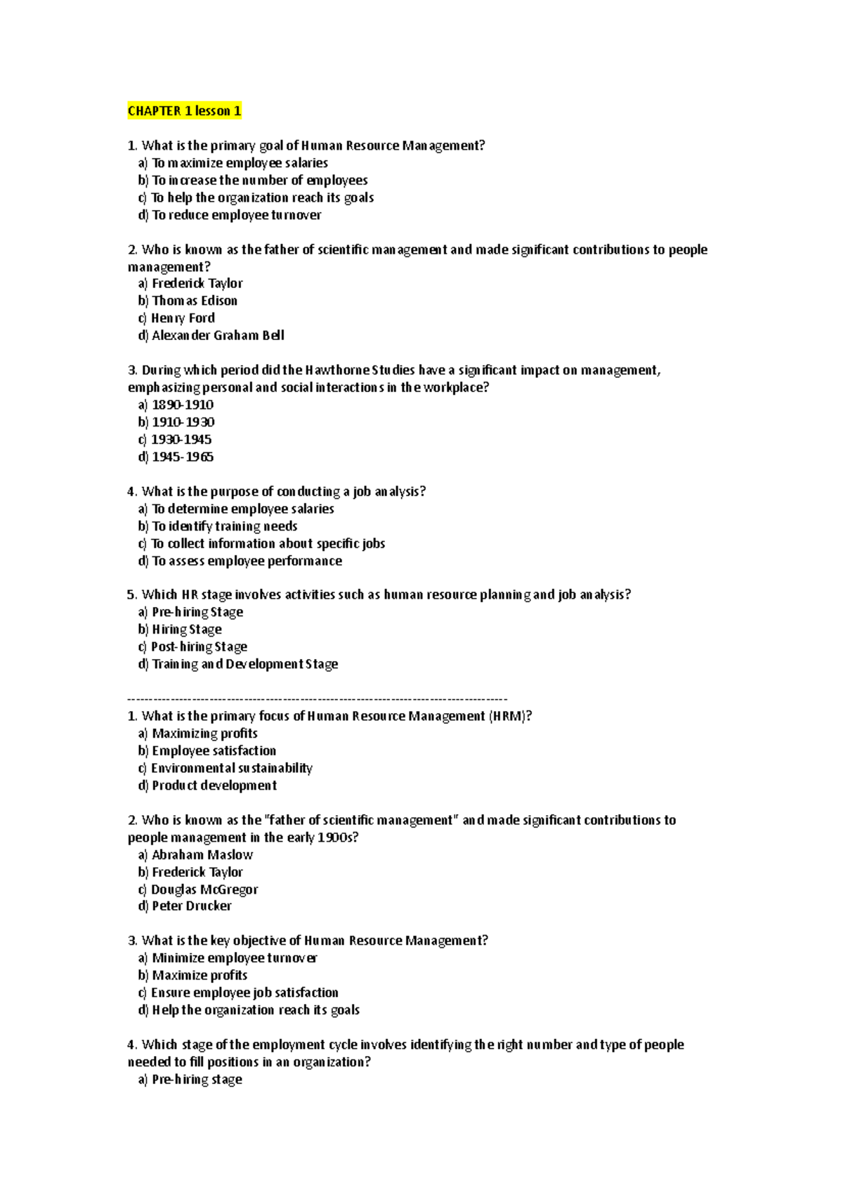 Hrm practice test lesson 1,2,3 - CHAPTER 1 lesson 1 What is the primary ...
