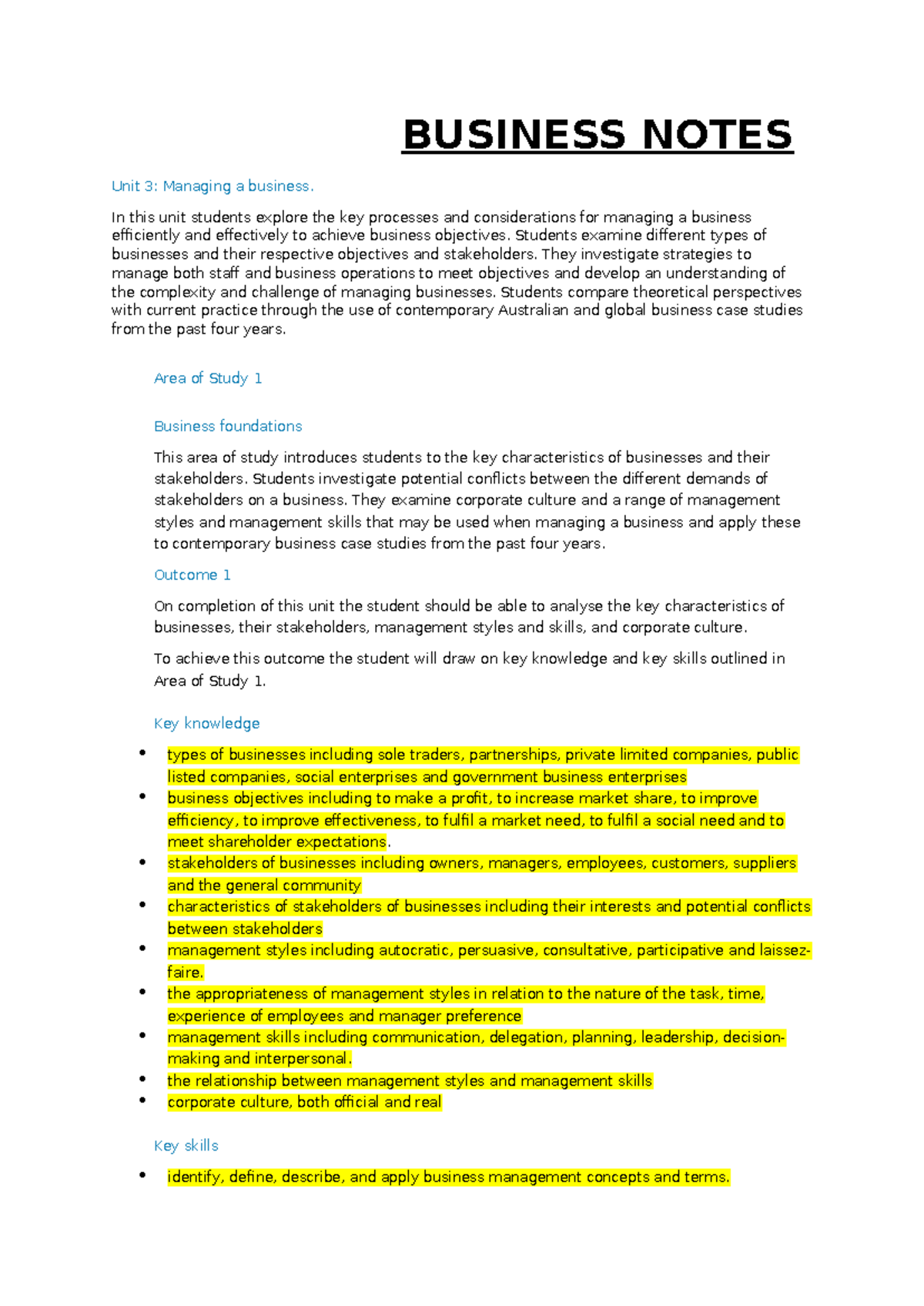 Chapter 1 and 2 business notes - BUSINESS NOTES Unit 3: Managing a ...