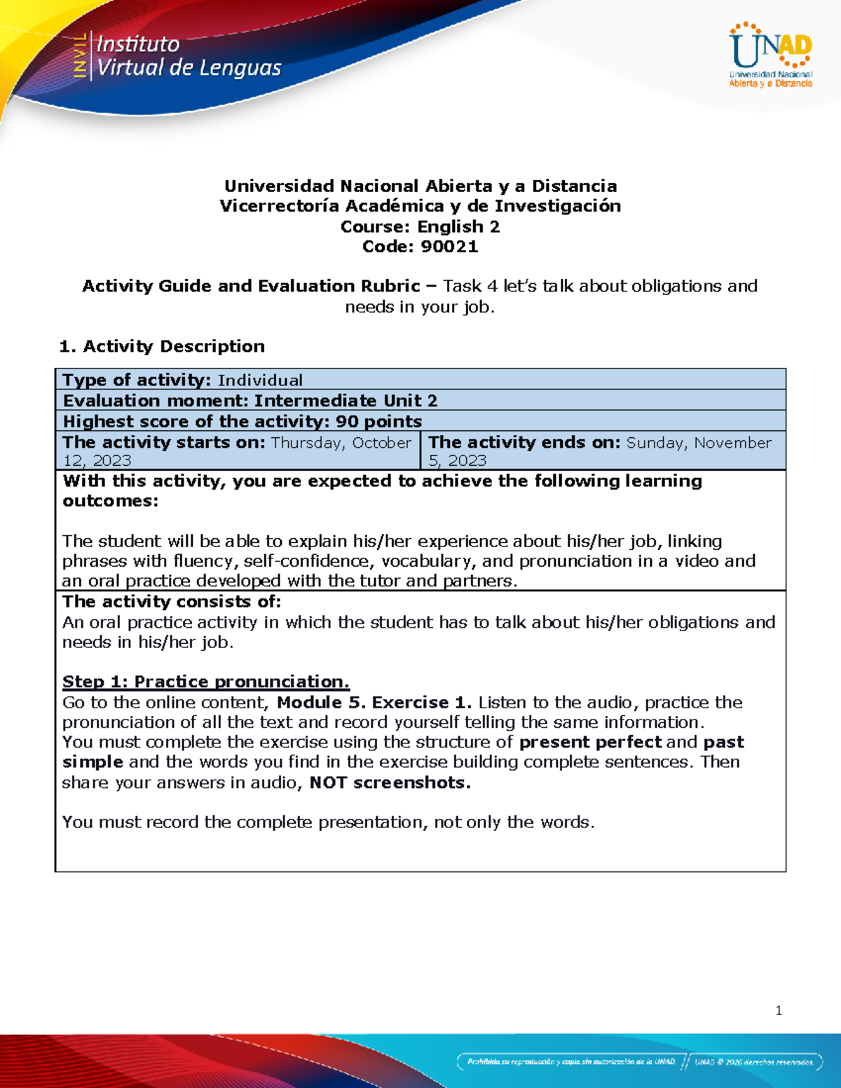 Activities guide and evaluation rubric - Unit 2 - Task 4 - Let´s talk ...