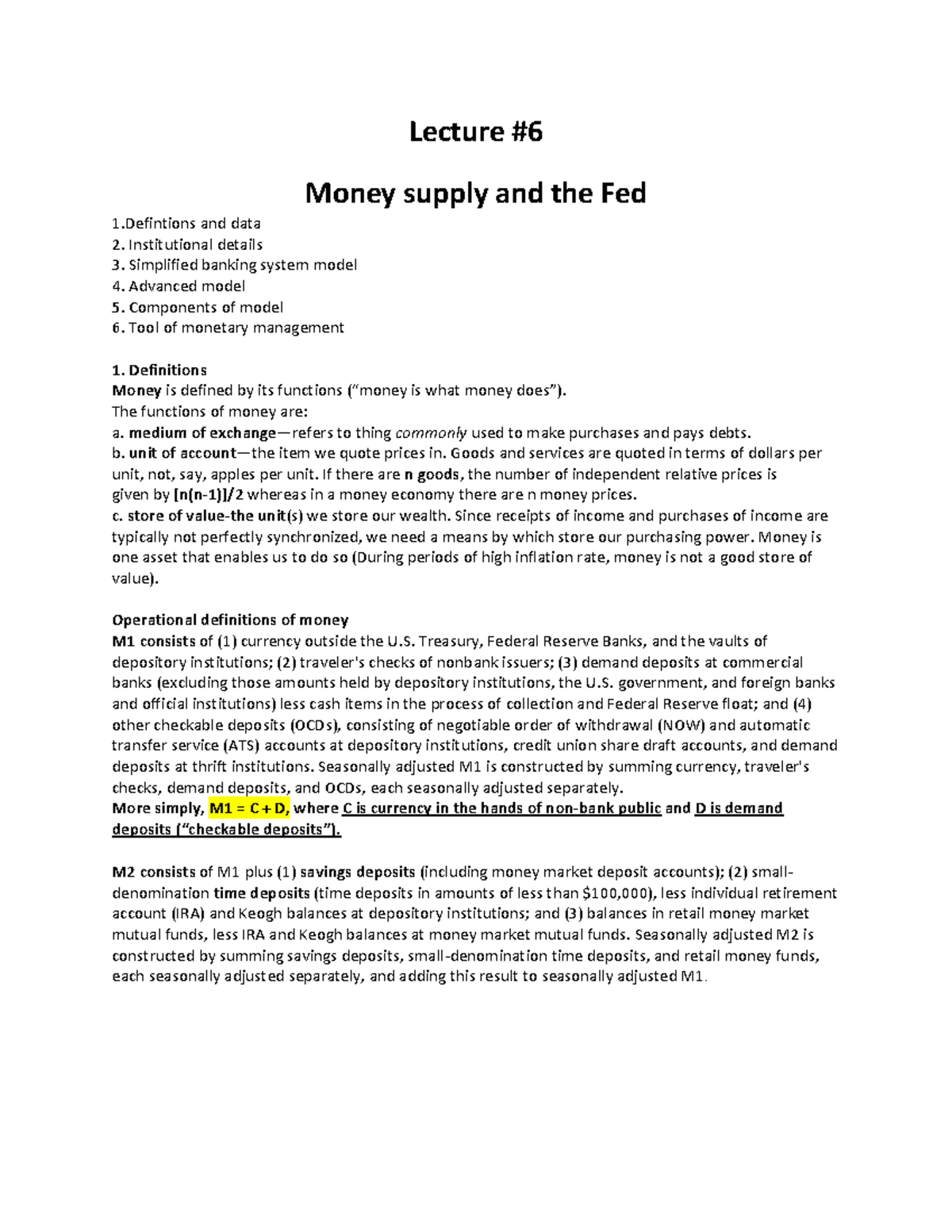 Econ 160 (Fall, 2024) - Lecture 6 - Lecture Money supply and the Fed 1 ...