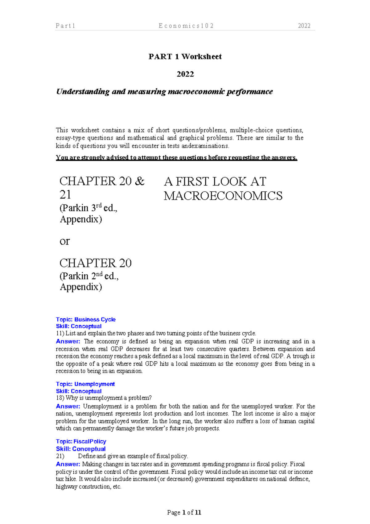 Econ102 Part 1 worksheet 2021 - P a r t 1 E c o n o m i c s 1 0 2 2022 PART 1 Worksheet 2022 ...