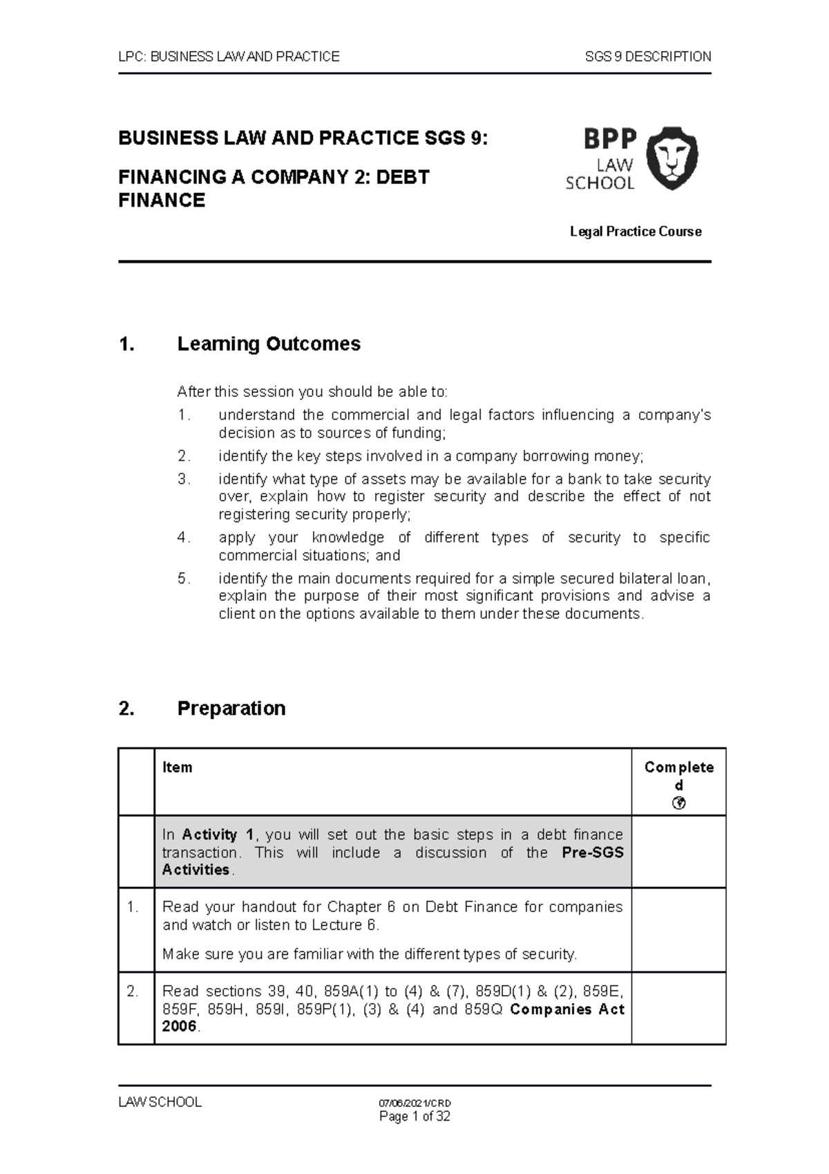 BLP SGS 9 Description 2021-22 - LPC: BUSINESS LAW AND PRACTICE SGS 9 ...
