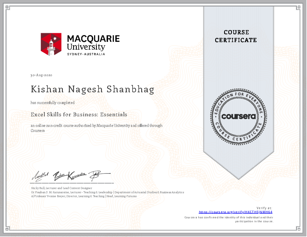 Coursera Excel Skills for Business Essentials - 30-Aug- Kishan Nagesh ...