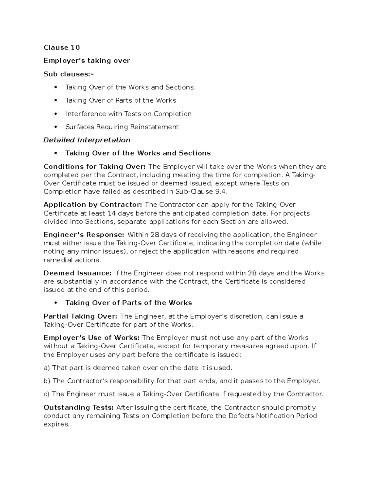 Clause 10 - Clause 10 Employer's taking over Sub clauses:- Taking Over ...