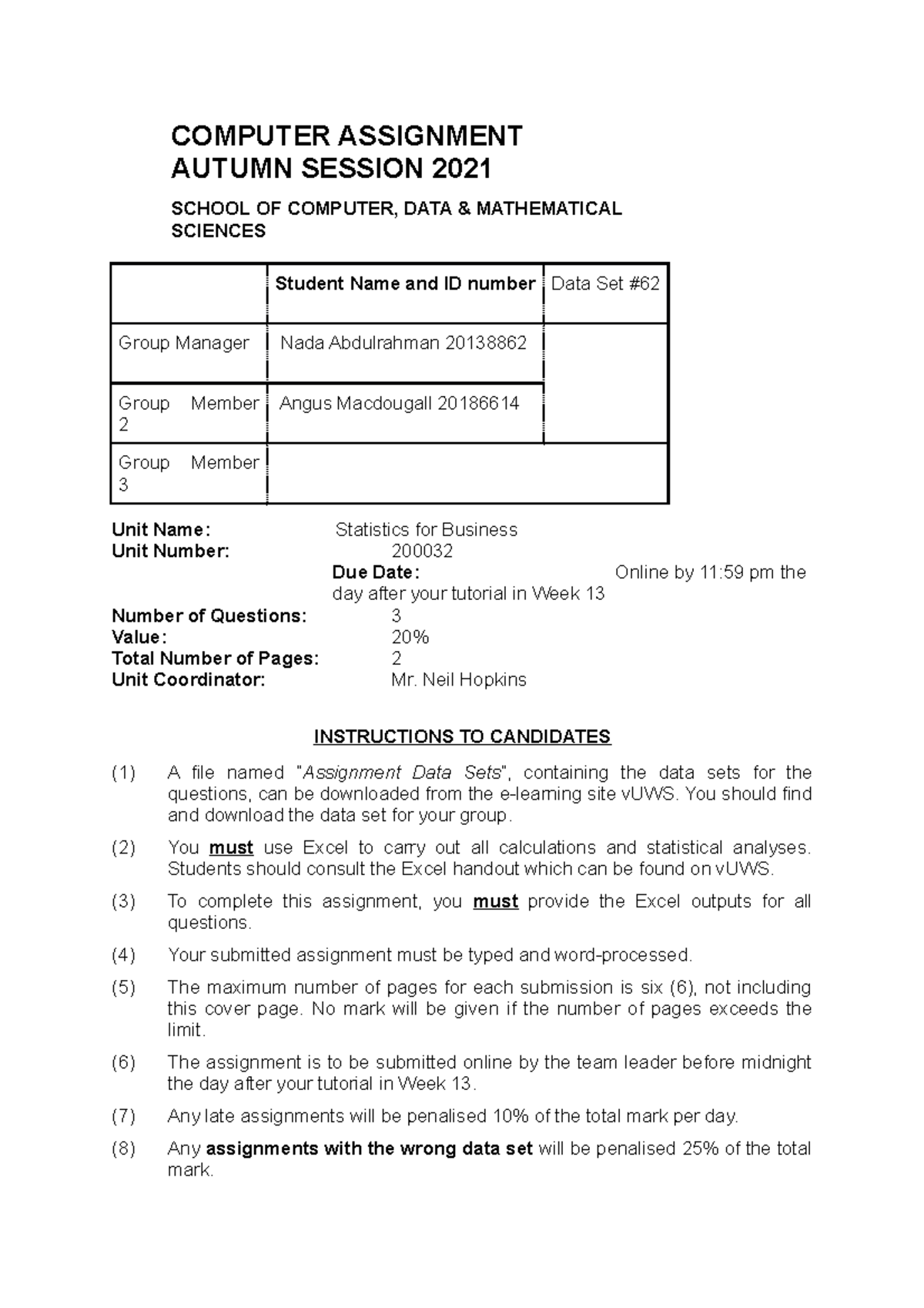 Excel computer assessment - COMPUTER ASSIGNMENT AUTUMN SESSION 2021 ...