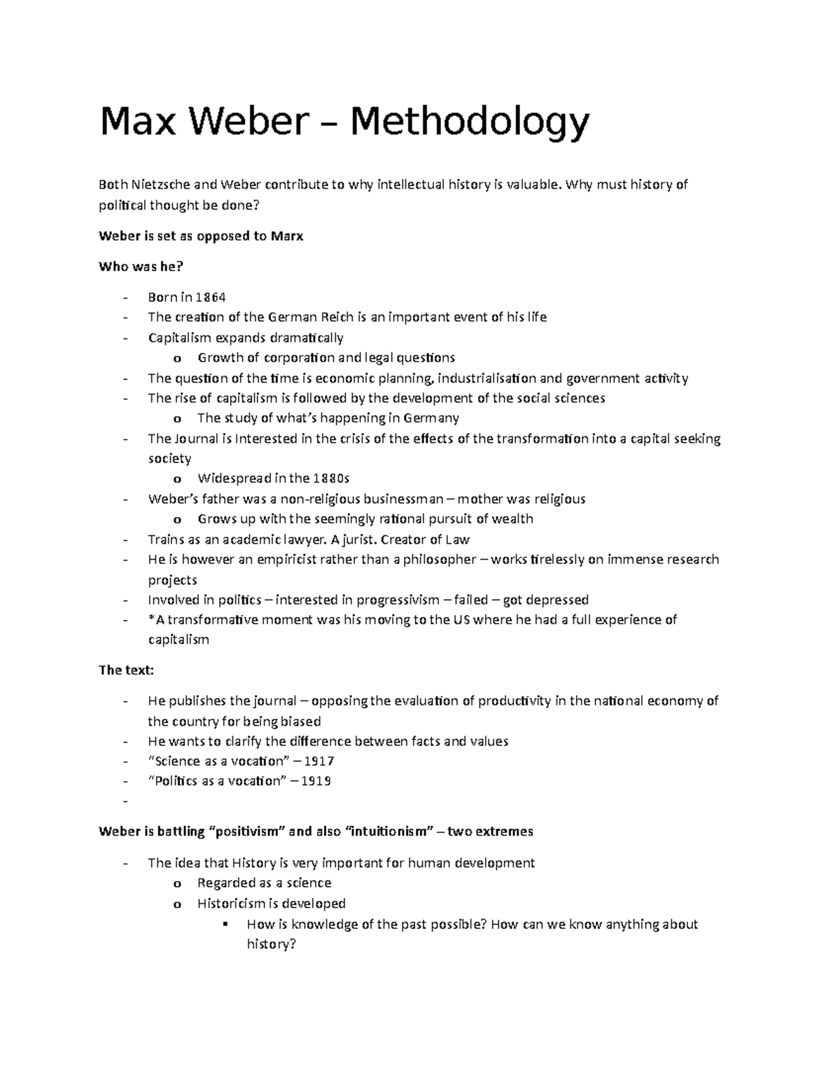 Max Weber - Lecture notes - Max Weber Methodology Both Nietzsche and ...