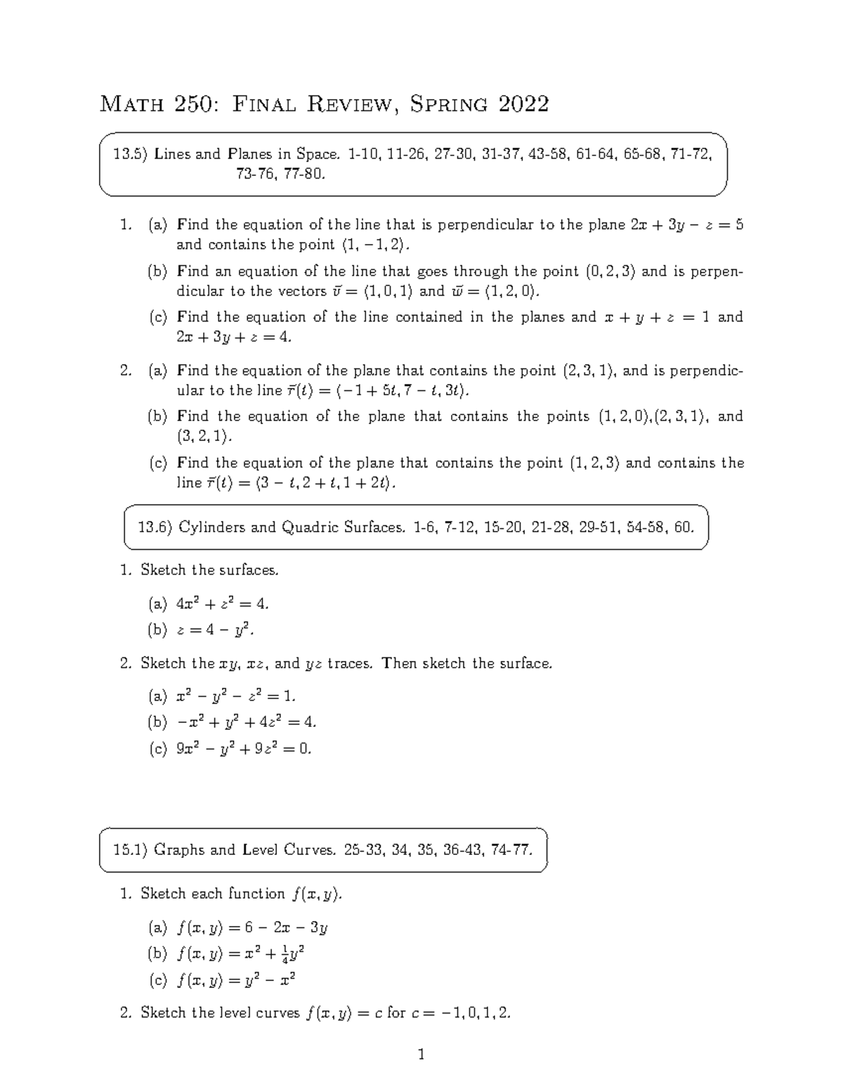 250review Spring 2022 - Final Review - Math 250: Final Review, Spring ...