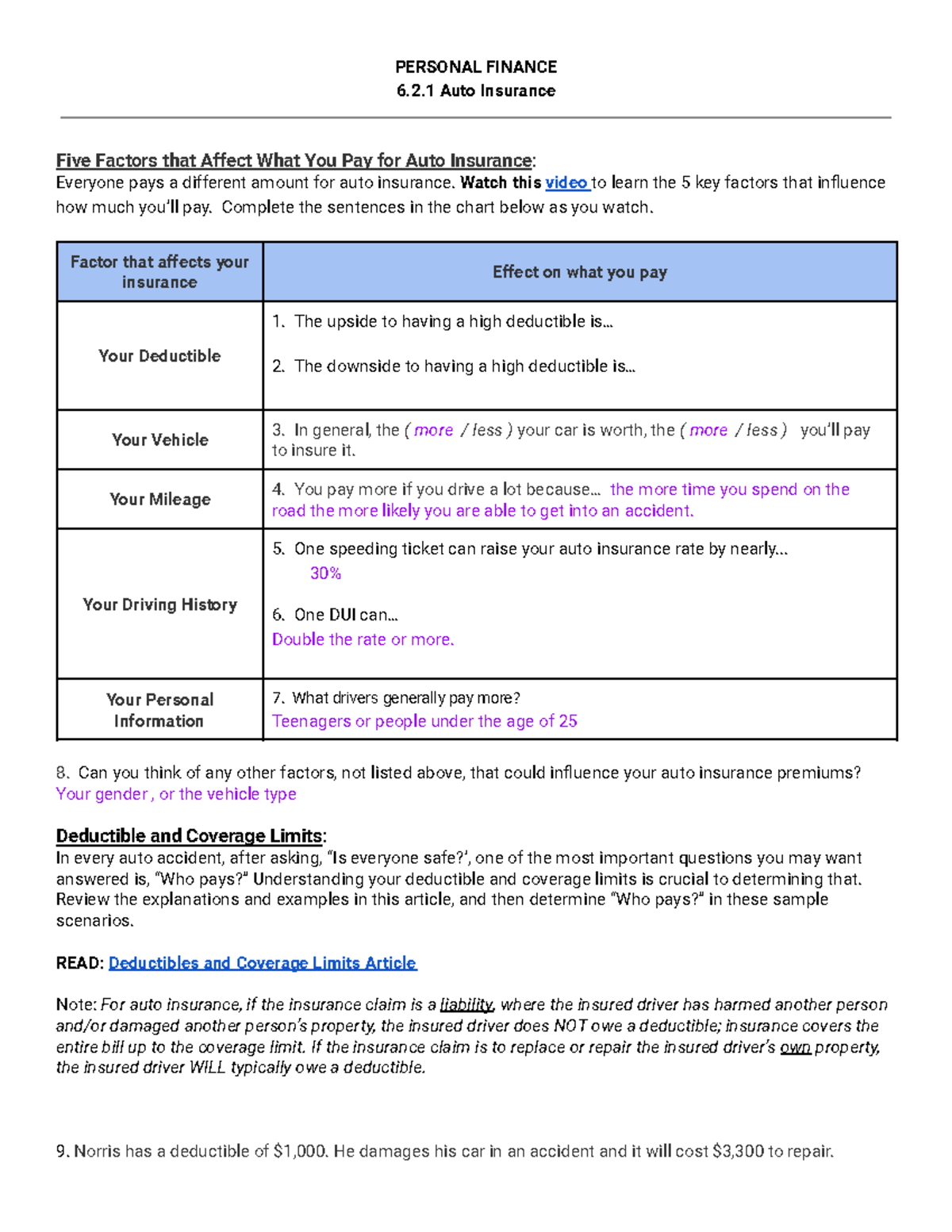 Copy of 6.2.1 Auto Insurance Assignment Sheet - PERSONAL FINANCE 6.2 ...