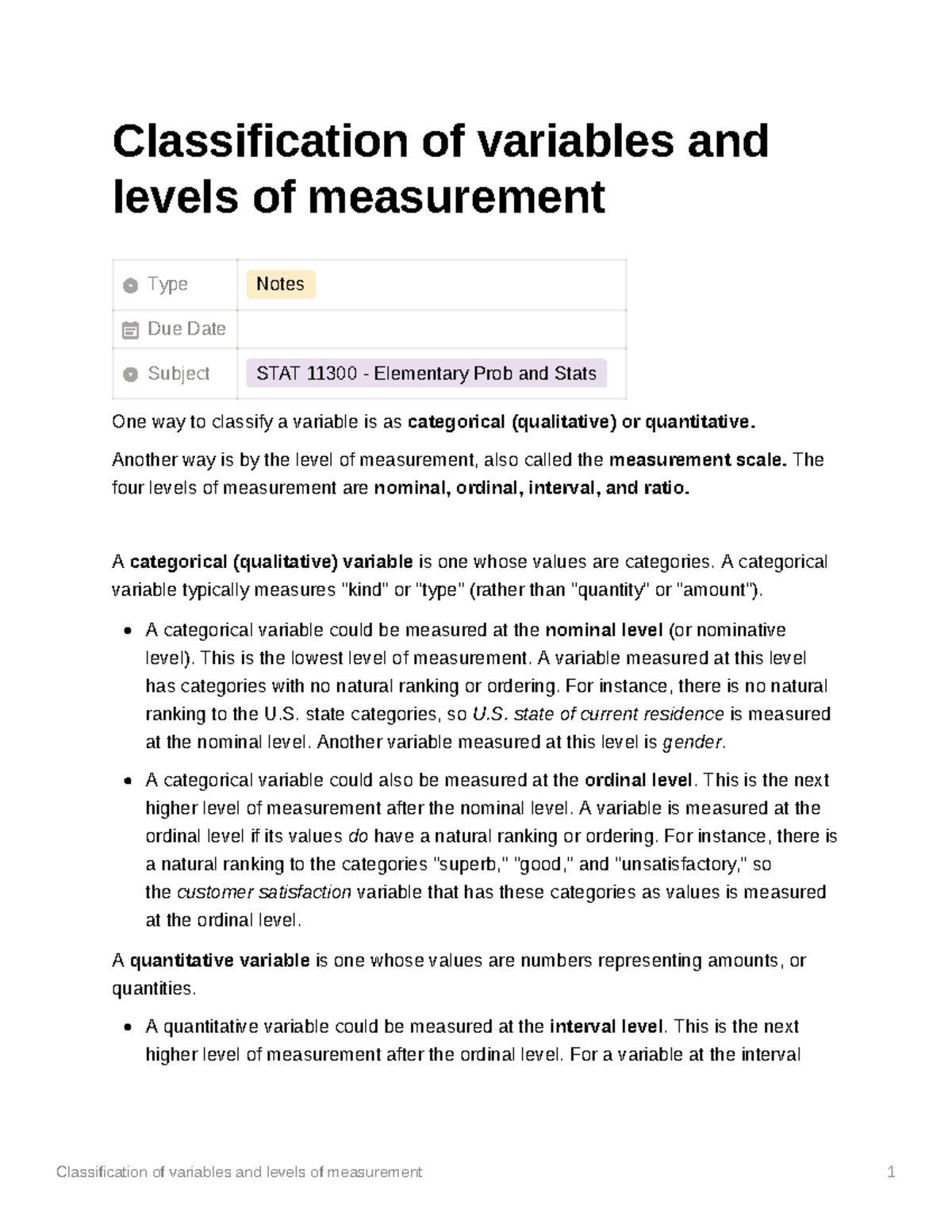 Classification of variables and levels of measurement - Another way is by the level of ...