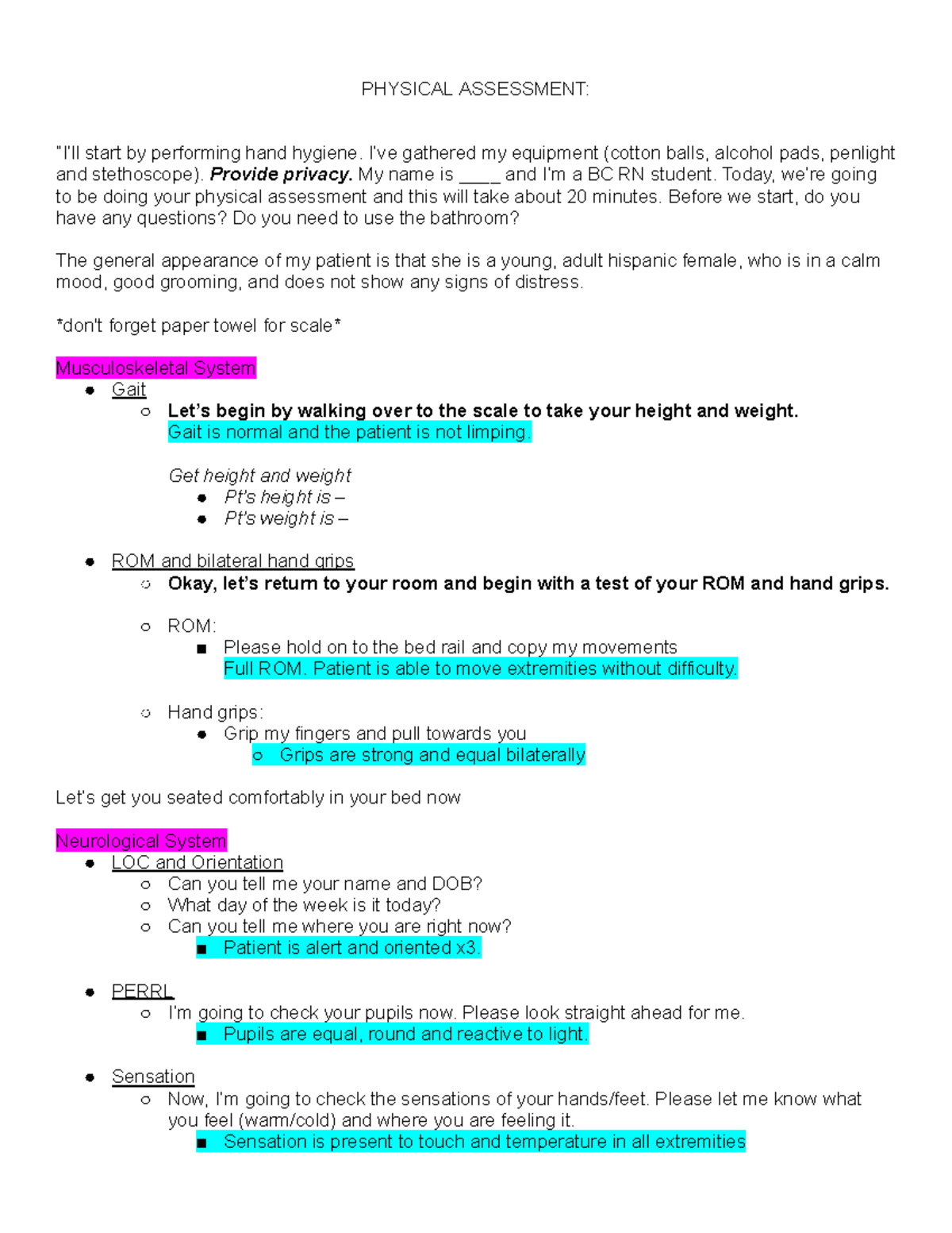 Physical Assessment-2 - PHYSICAL ASSESSMENT: “I’ll start by performing ...