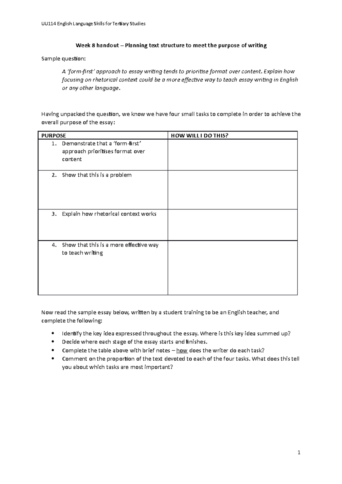 Week 8 handout - planning essay structure - Week 8 handout – Planning ...