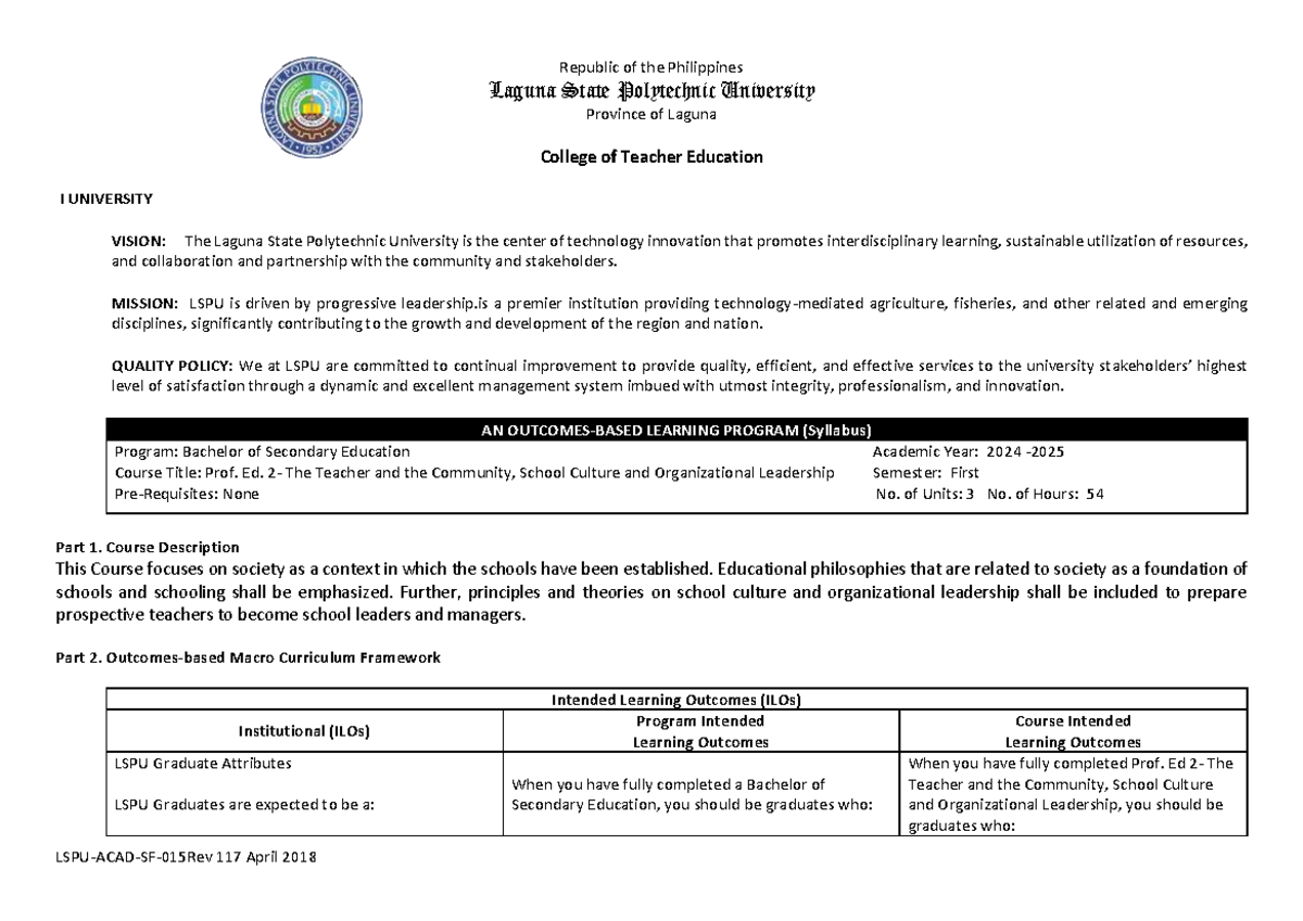 Prof Ed 2 Syla 24 25 - syllabus - Republic of the Philippines Laguna ...
