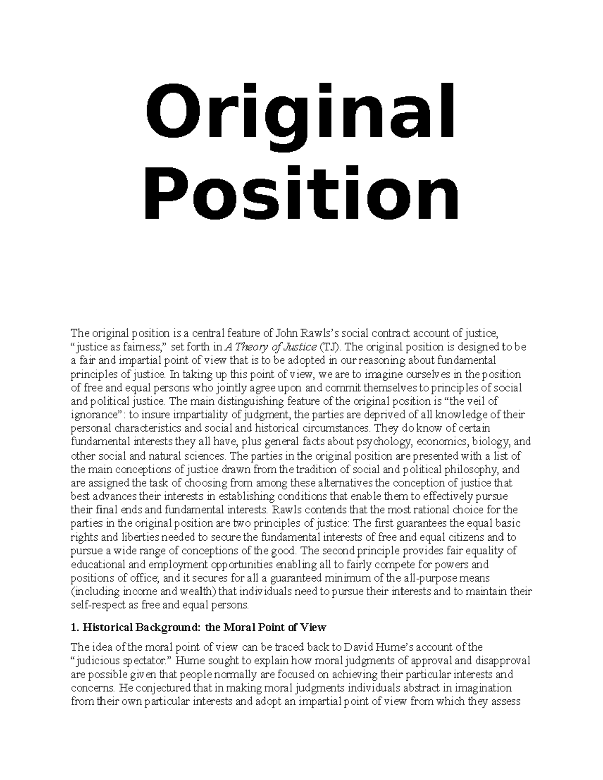 Lecture about Original Position - Original Position The original ...