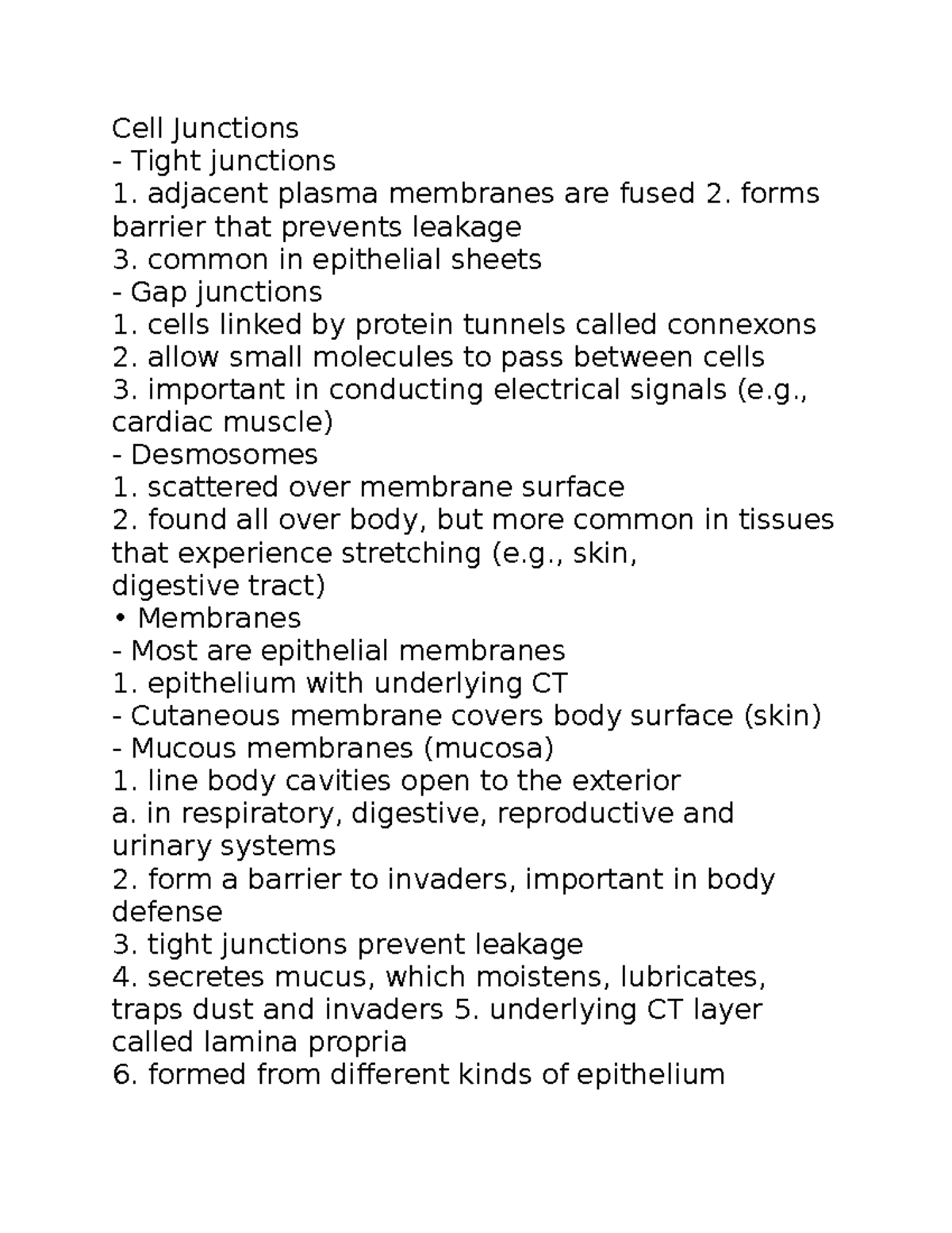 Bio 3 - Notes - Cell Junctions Tight junctions adjacent plasma ...