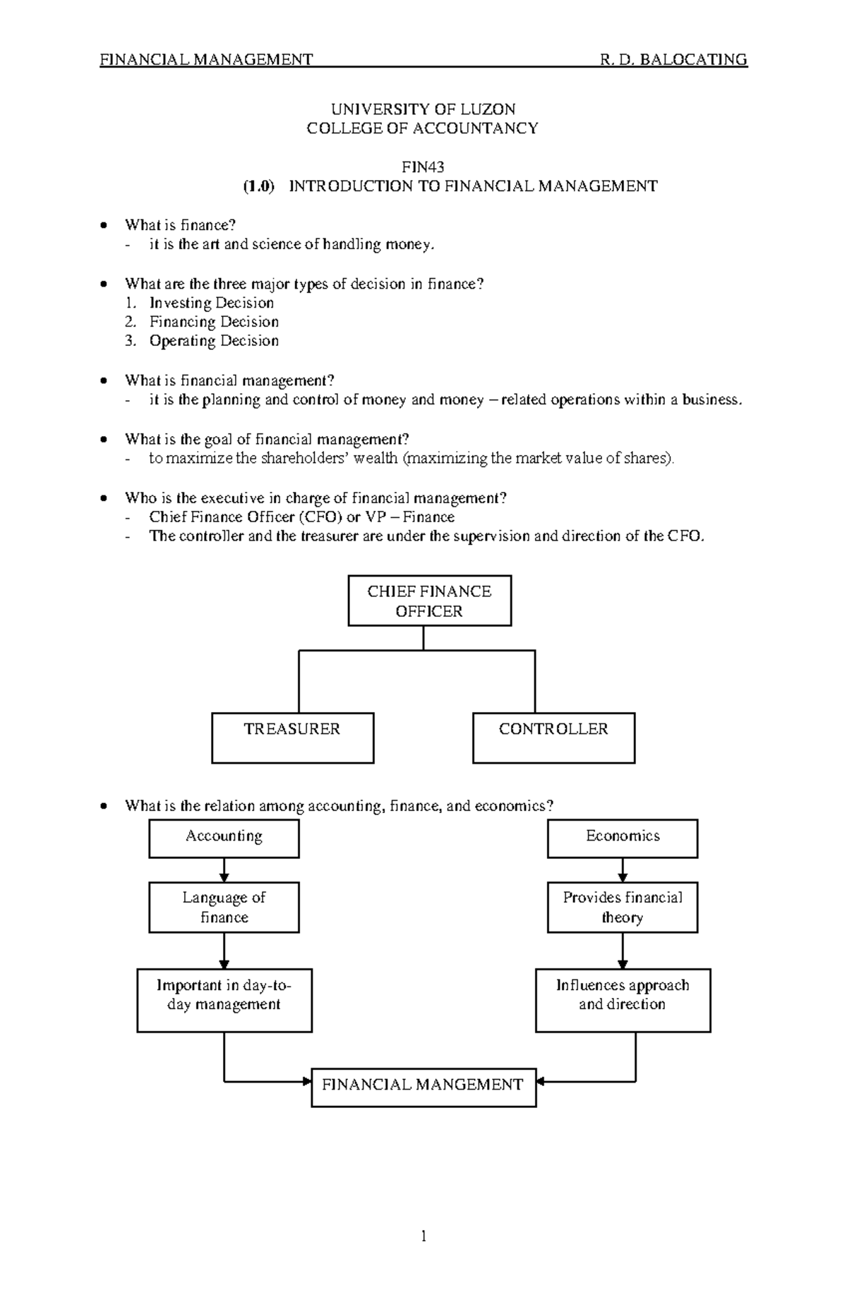 Intro TO FIN. MGT - UNIVERSITY OF LUZON COLLEGE OF ACCOUNTANCY FIN (1 ...