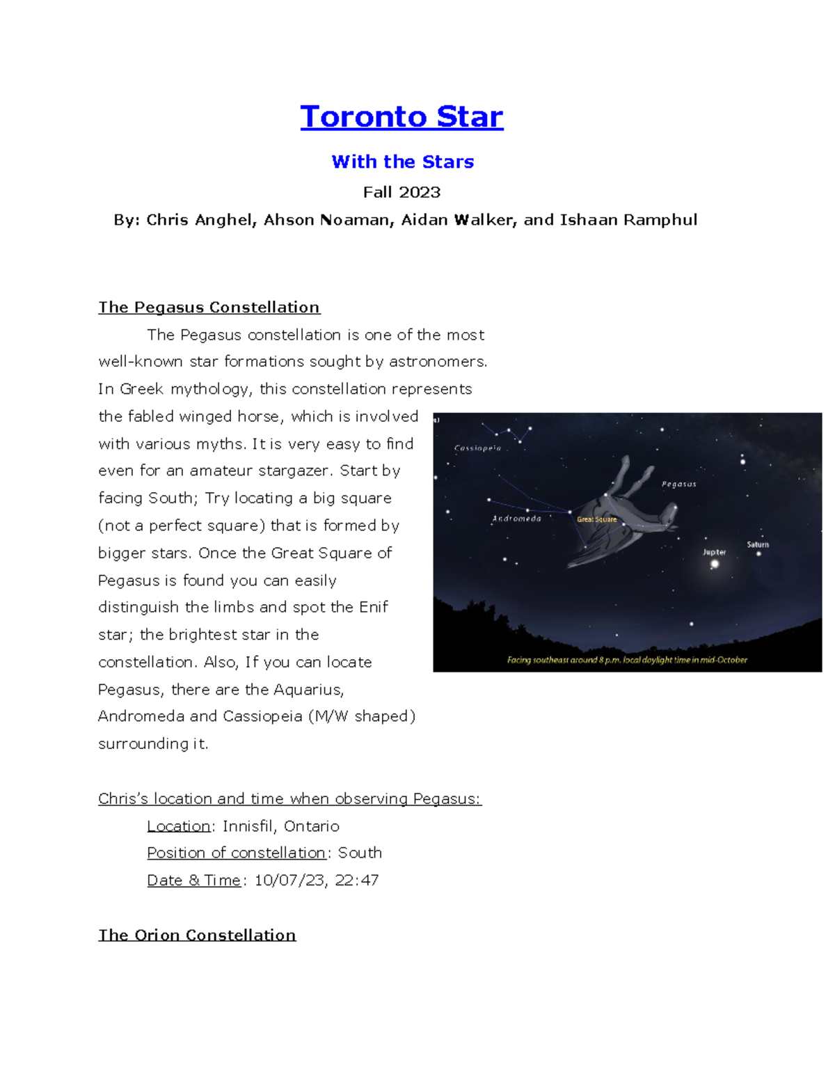 LA-1 assignment - Toronto Star With the Stars Fall 2023 By: Chris ...