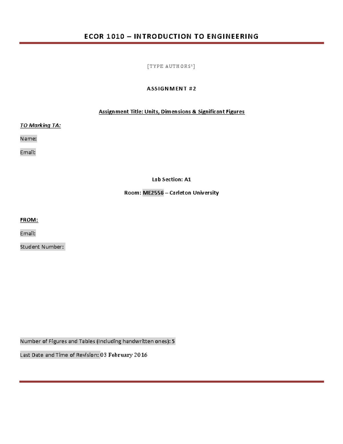 Seminar Assignments, Lab. 2- Units, Dimensions & Significant Figures - ECOR 1010 – INTRODUCTION ...