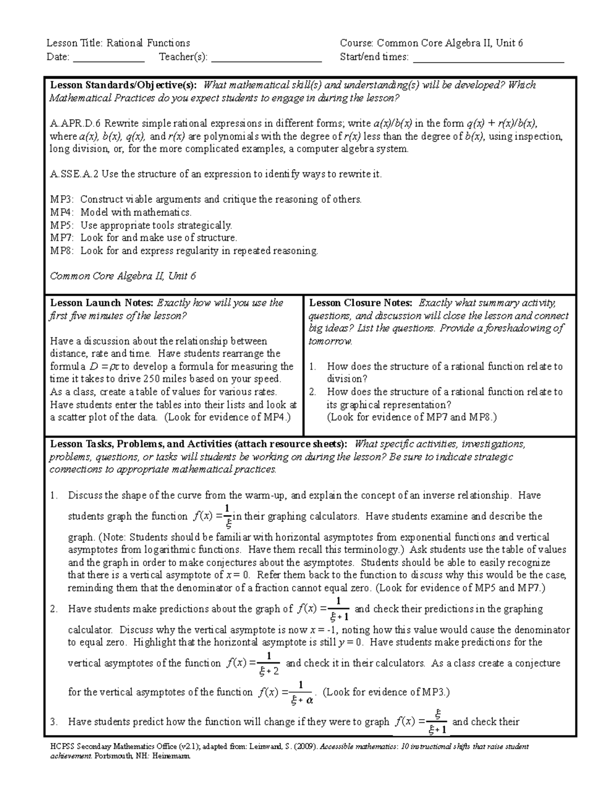 A apr d 6 lesson rational functions - Lesson Title: Rational Functions ...