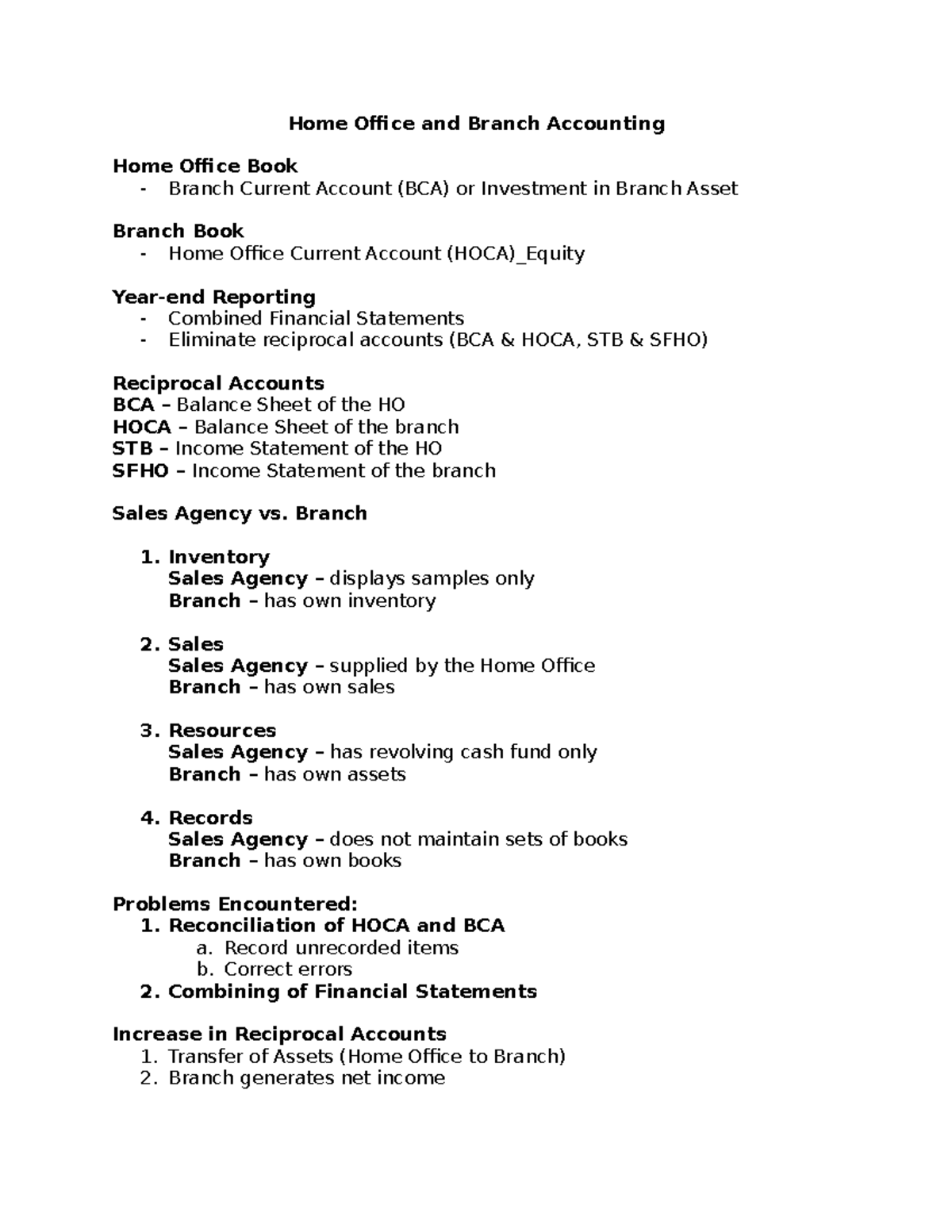 Home Office and Branch Accounting - Branch Inventory Sales Agency ...