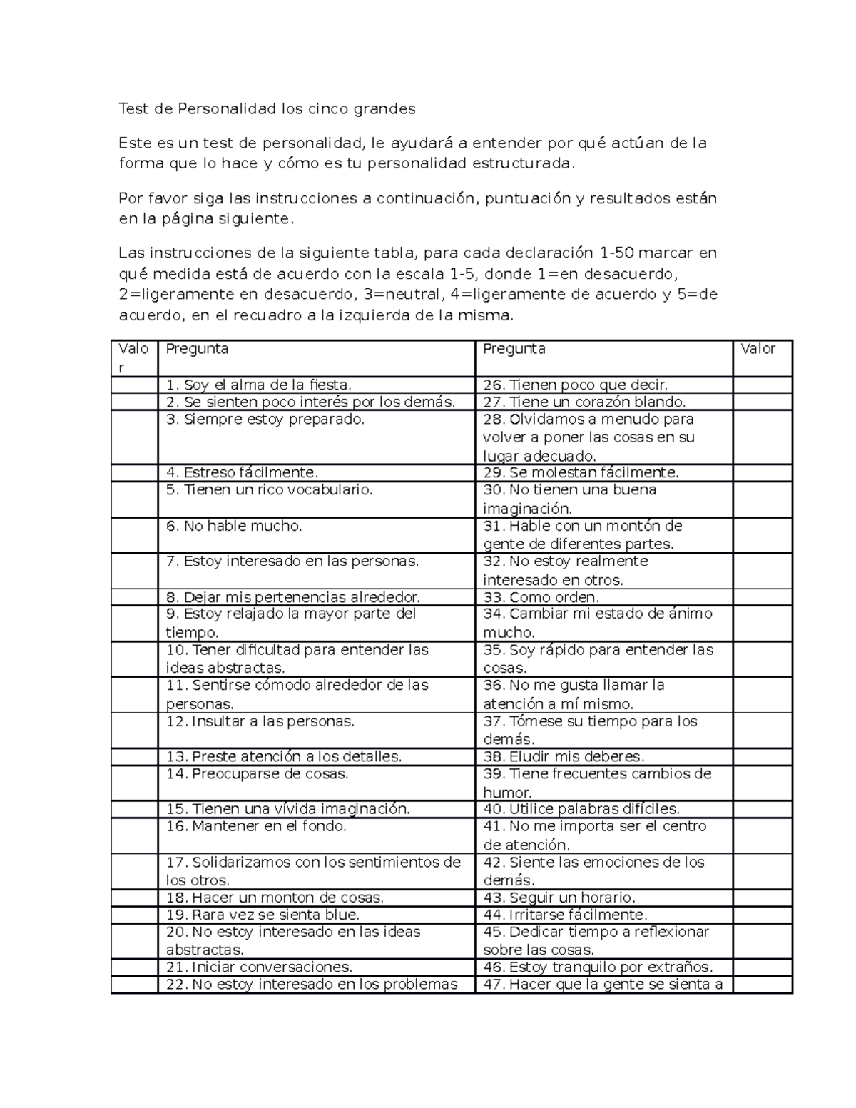 348533950 Test de Personalidad Los Cinco Grandes - Test de Personalidad ...